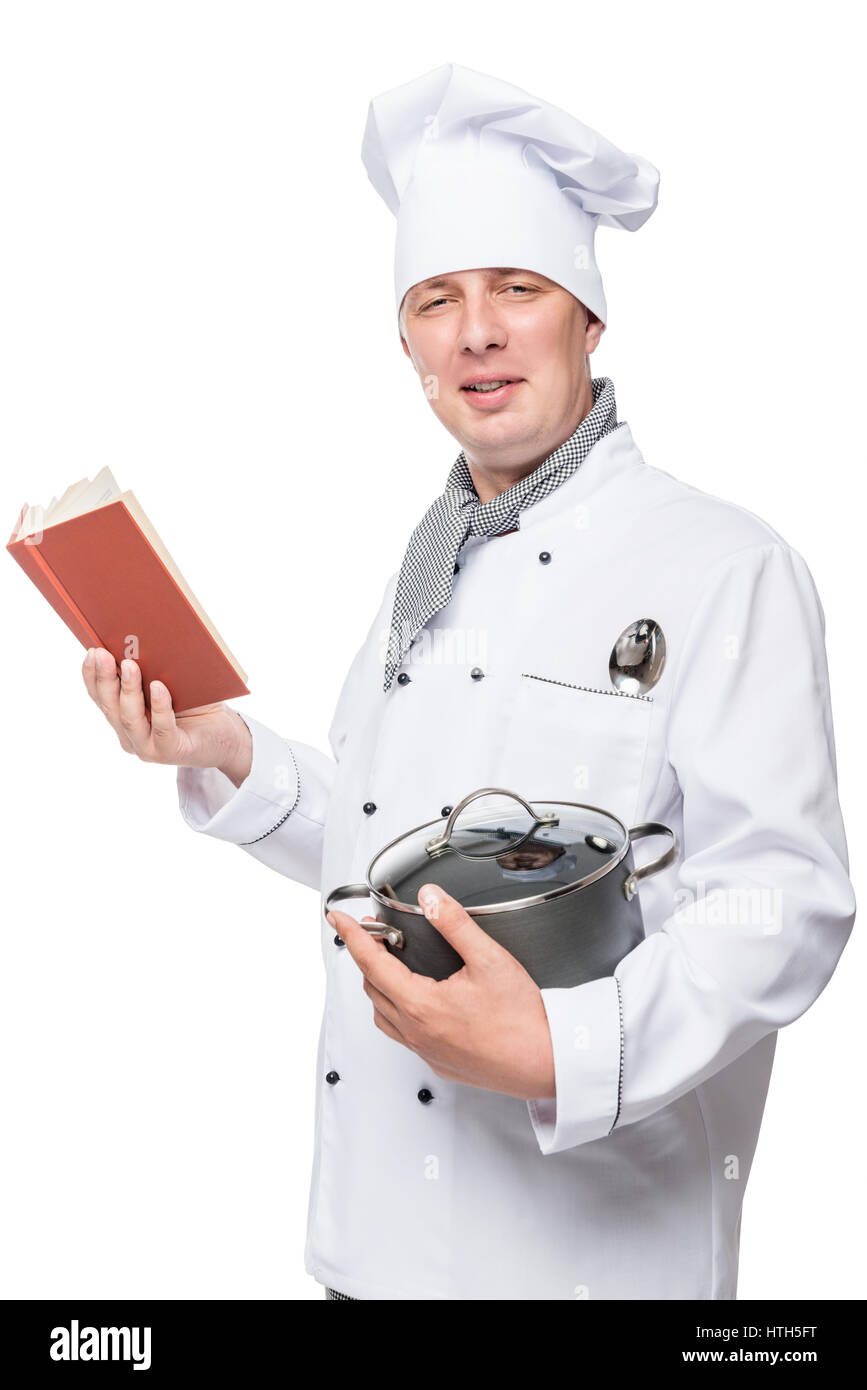 young chef studying soup recipe portrait isolated Stock Photo - Alamy