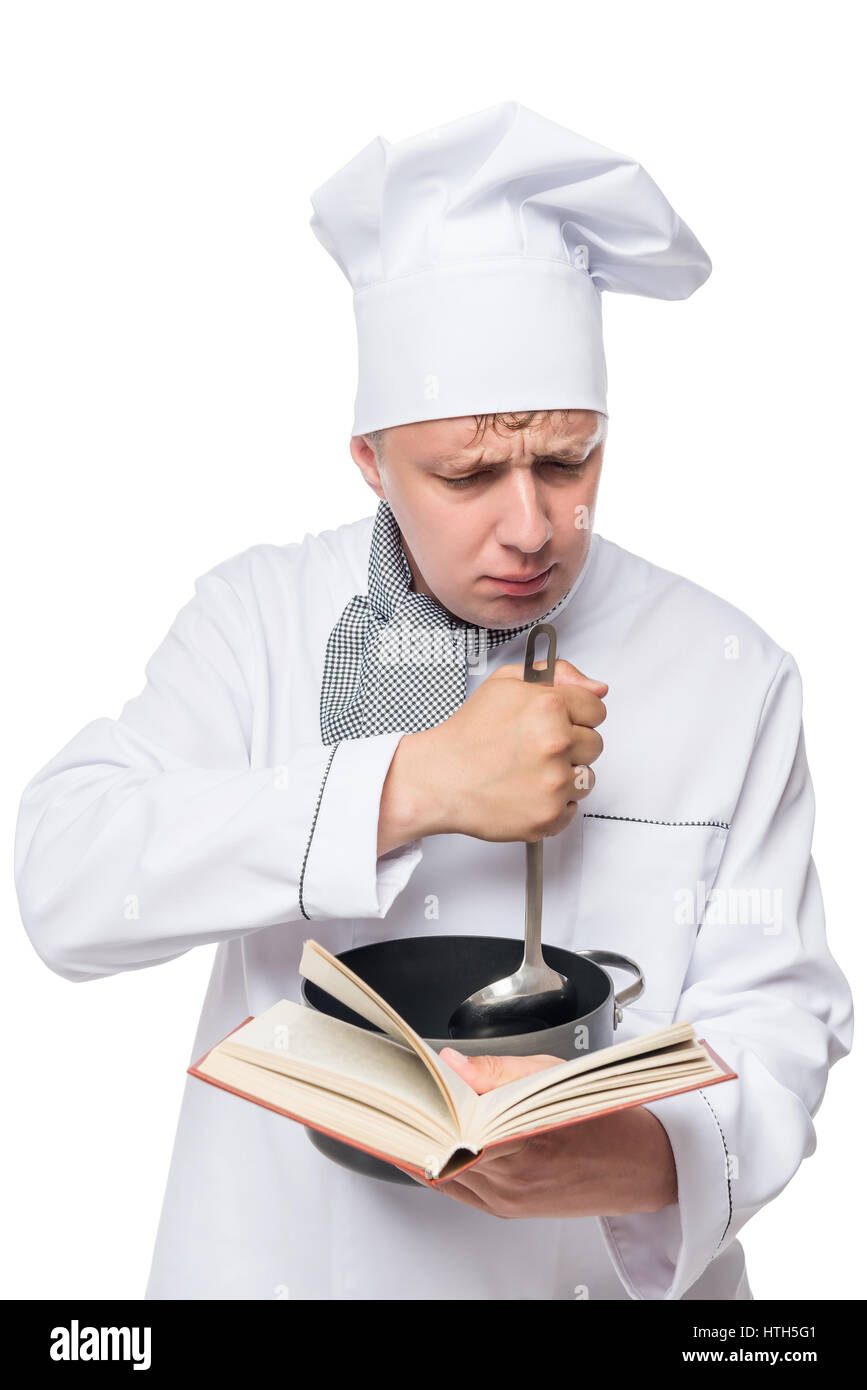 concentrated cook with a recipe book and a pot on a white background ...
