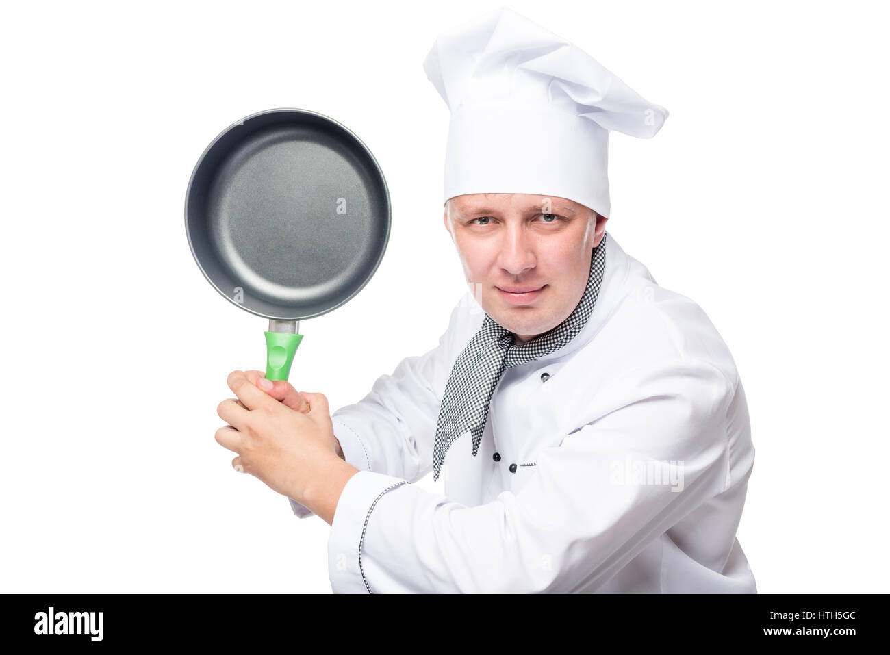 Portrait of aggressive evil chefs with frying pan on a white background ...
