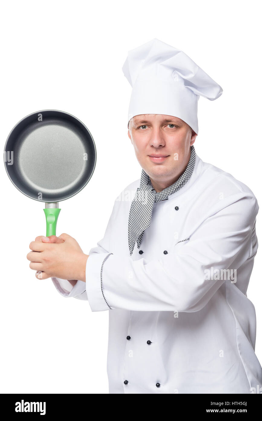 Vertical portrait of chefs with a frying pan on a white background ...