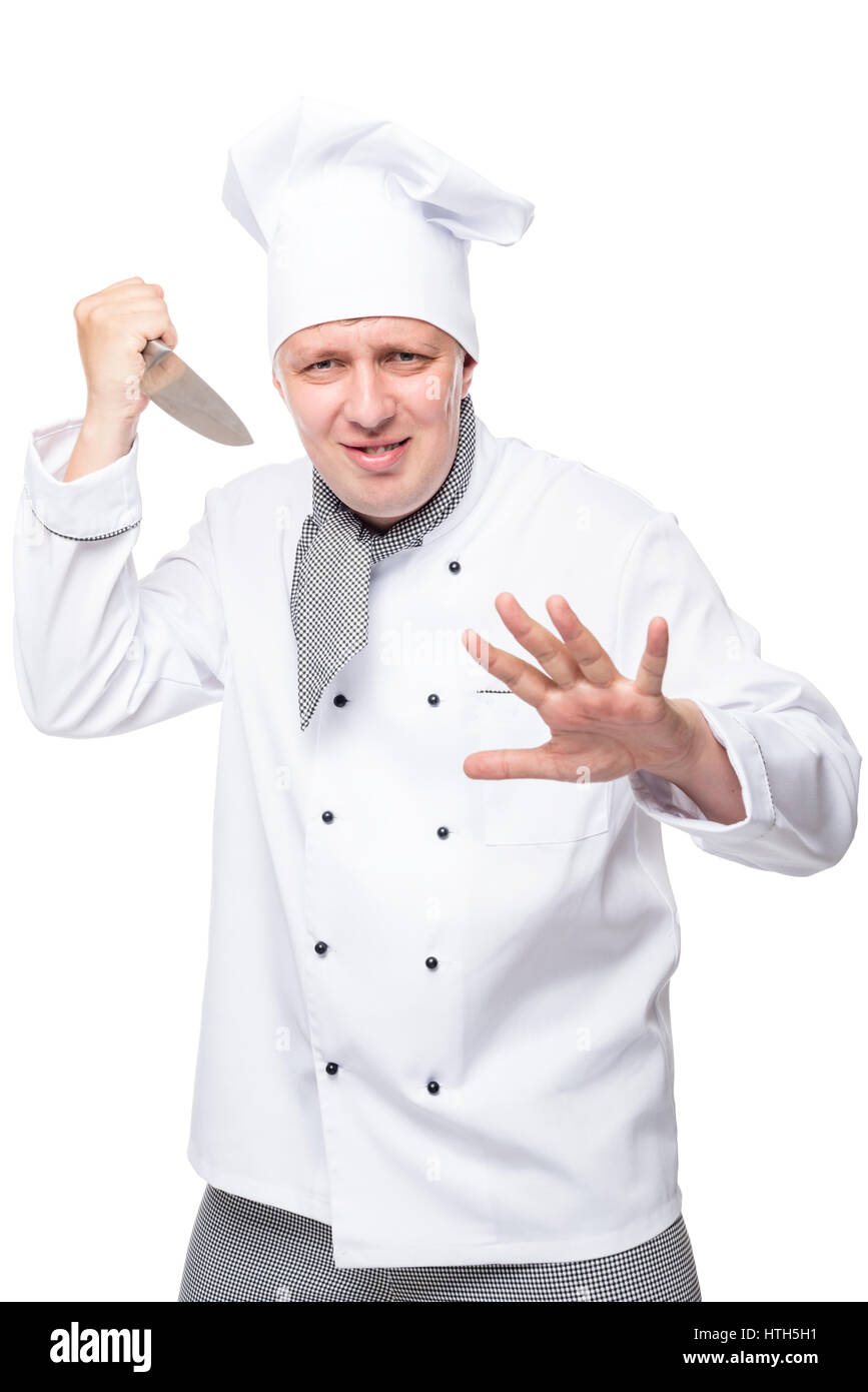 Vertical portrait of a crazy aggressive chefs on a white background ...