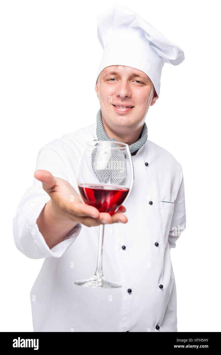 chef with a glass of red wine on a white background Stock Photo - Alamy