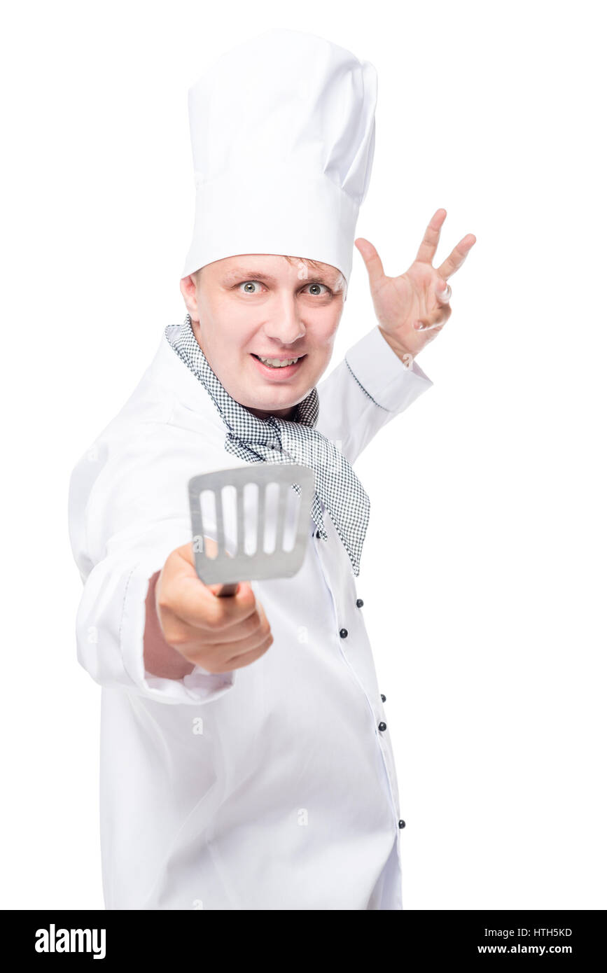 Active happy chef waving kitchen utensils on a white background Stock ...