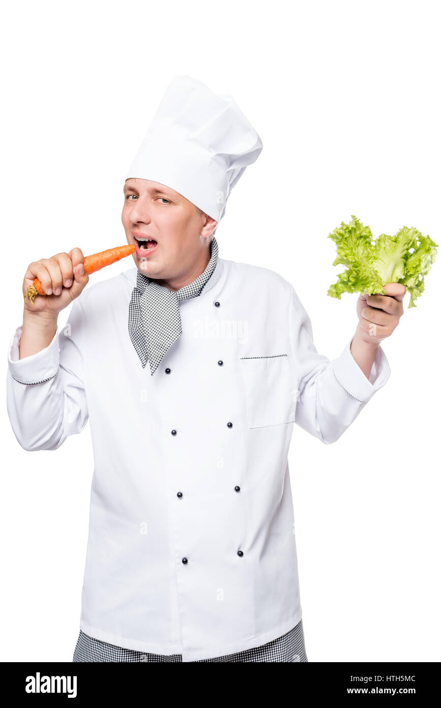 Vertical portrait of a chef in the studio on a white background with ...
