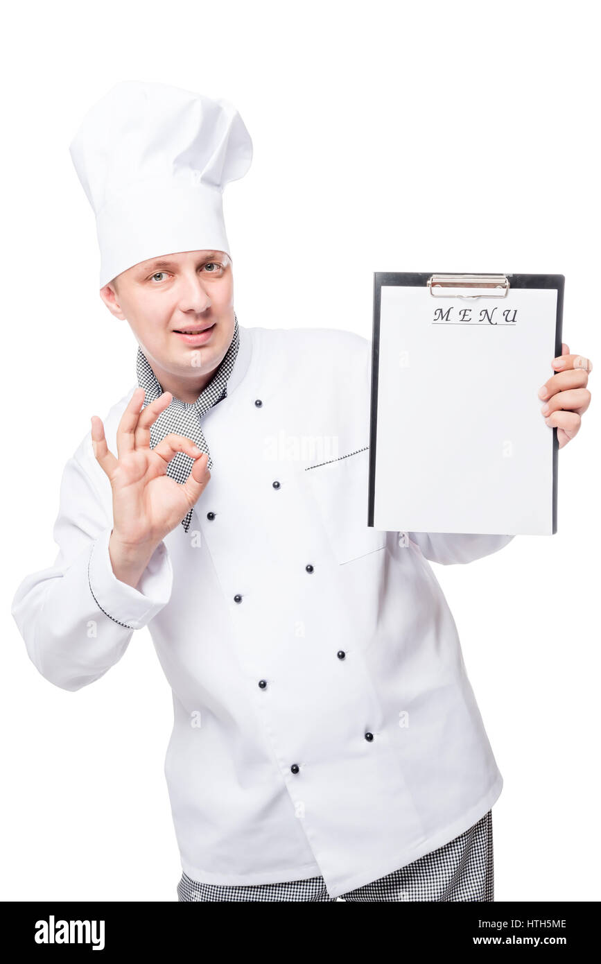 young handsome chef with menu in hand on white background Stock Photo ...