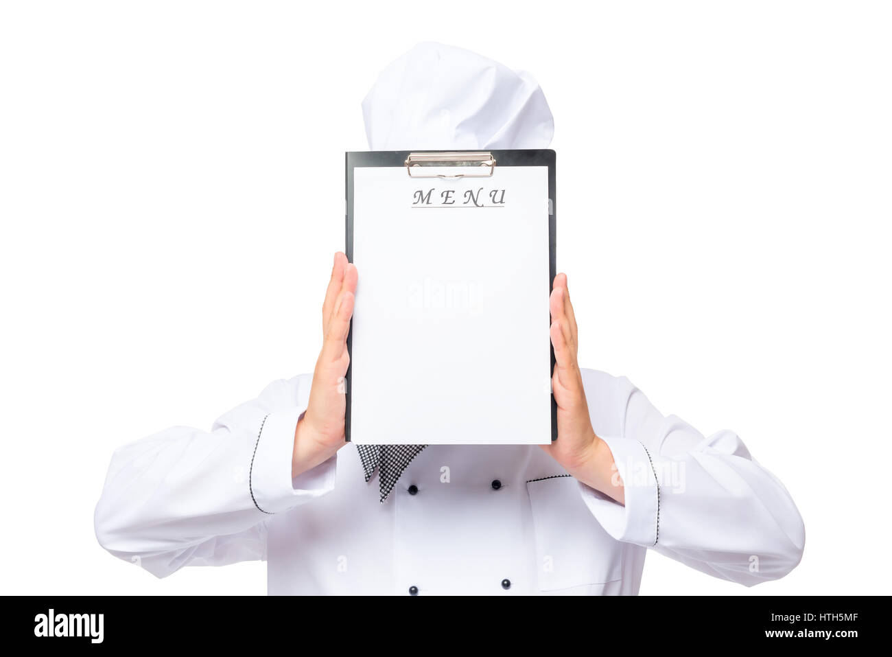 Chef with menu instead of the head on a white background Stock Photo ...