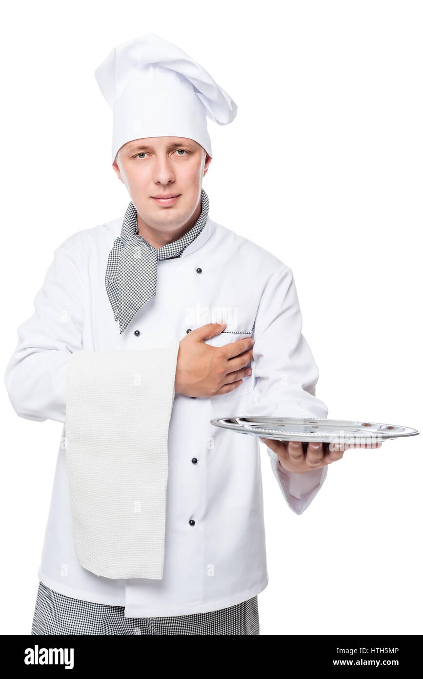 friendly chef with a tray on his hand posing on a white background ...