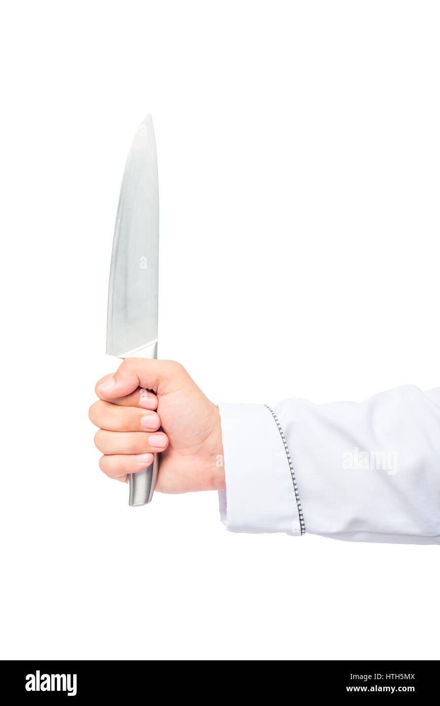 arm chef holding a sharp knife on a white background closeup Stock ...