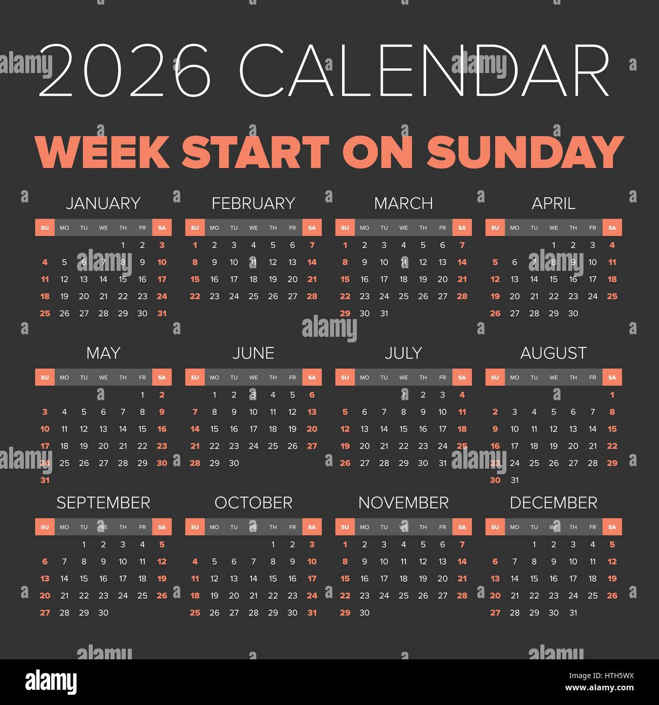 Simple 2026 year calendar, week starts on Sunday Stock Vector Image ... Simple 2026 year calendar, week starts on Sunday Stock Vector Image ...