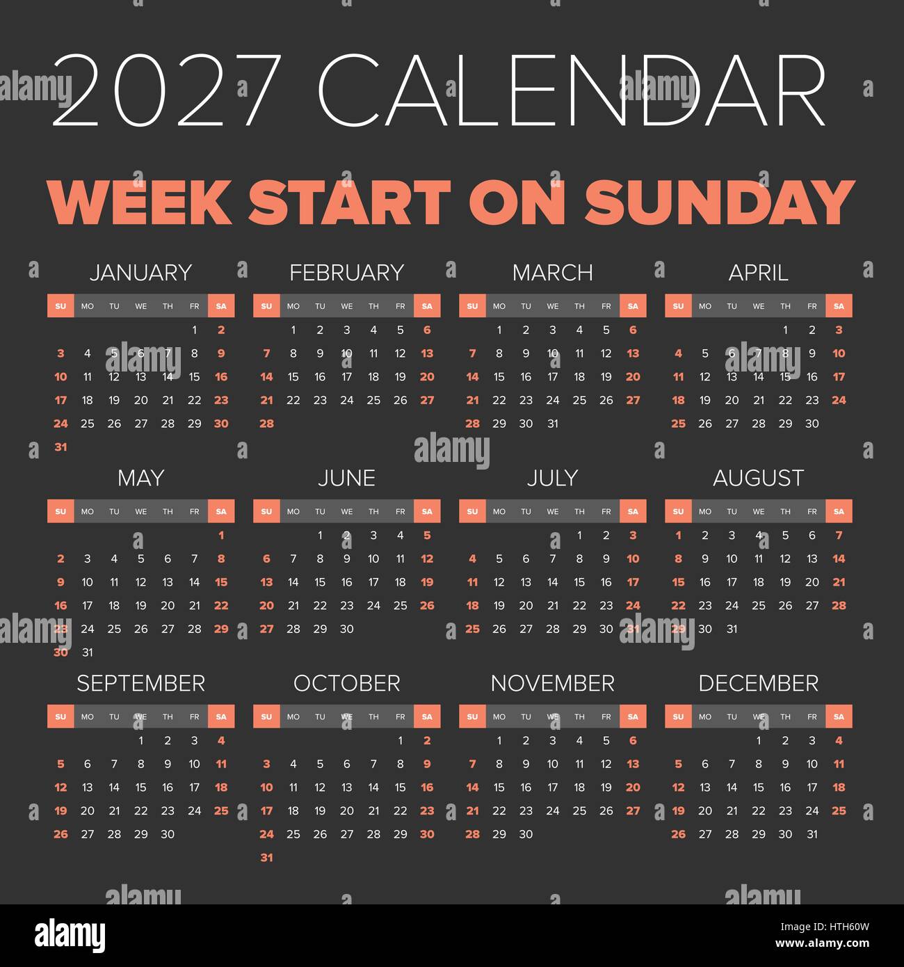 Simple 2027 year calendar, week starts on Sunday Stock Vector Image ...