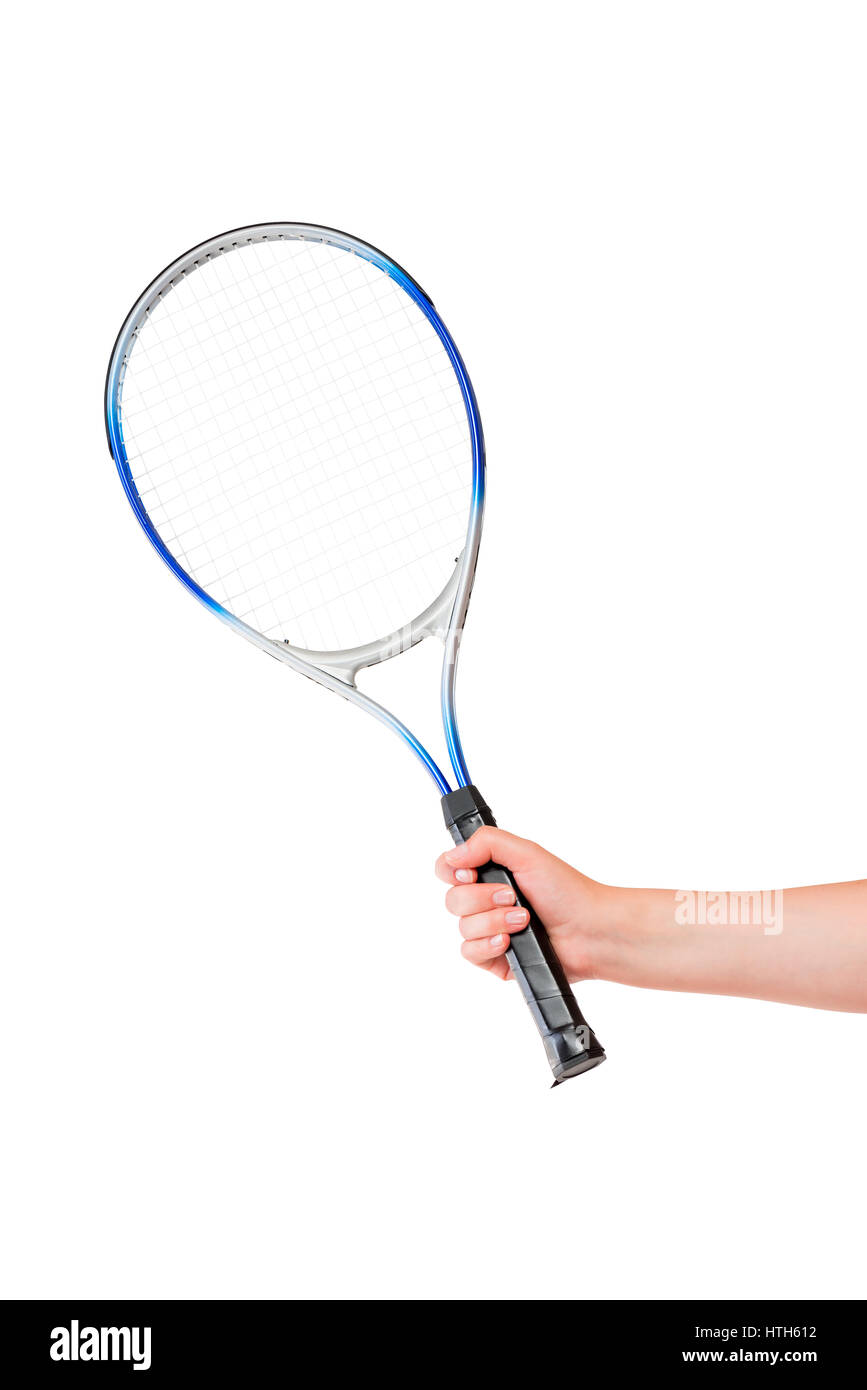 Tennis racket in the hand of the girl on a white background closeup ...