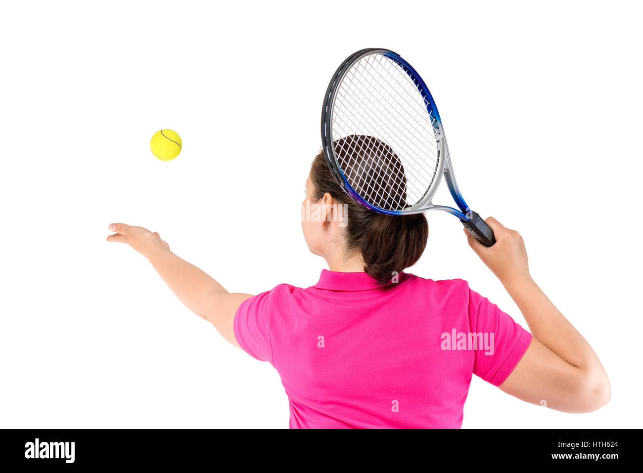 woman has thrown the ball, view from the back on a white background ...
