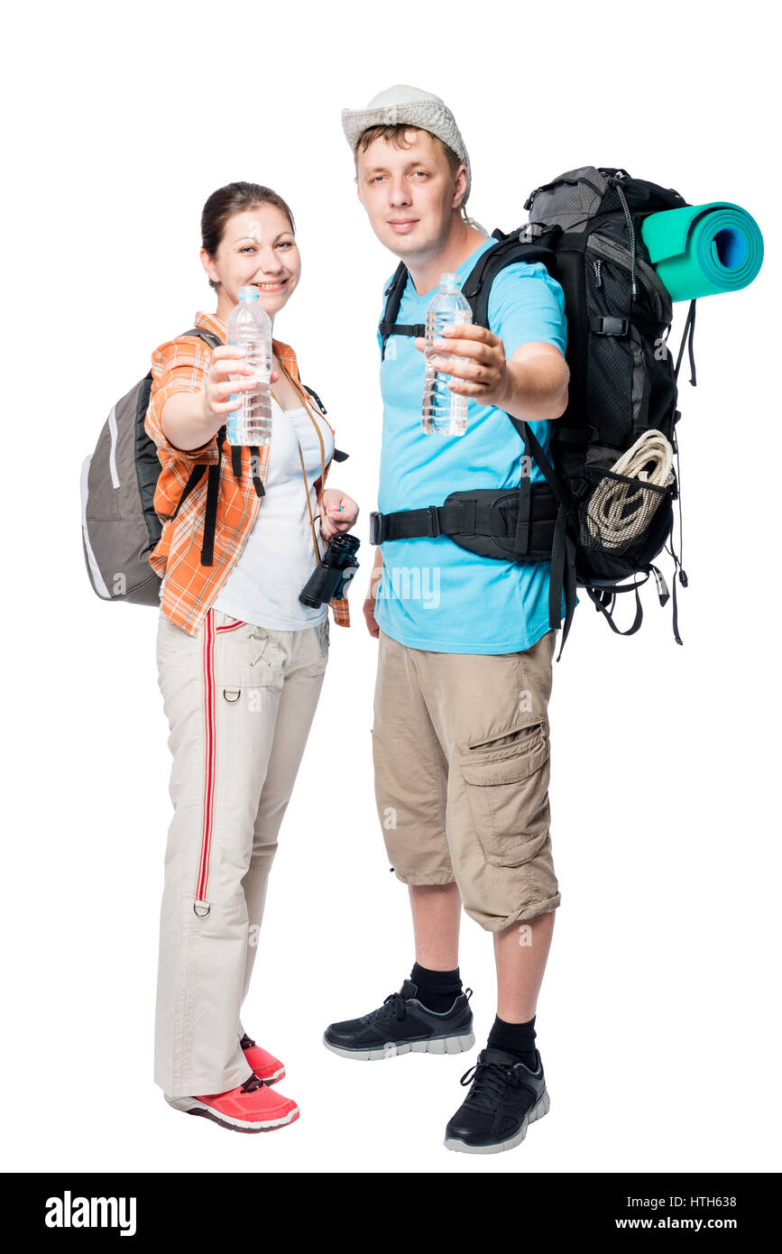 happy tourists with bottles of water on a white background Stock Photo ...