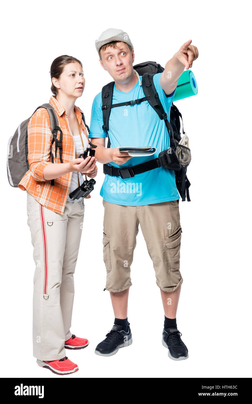 man and woman chosen route of travel with backpacks on a white ...