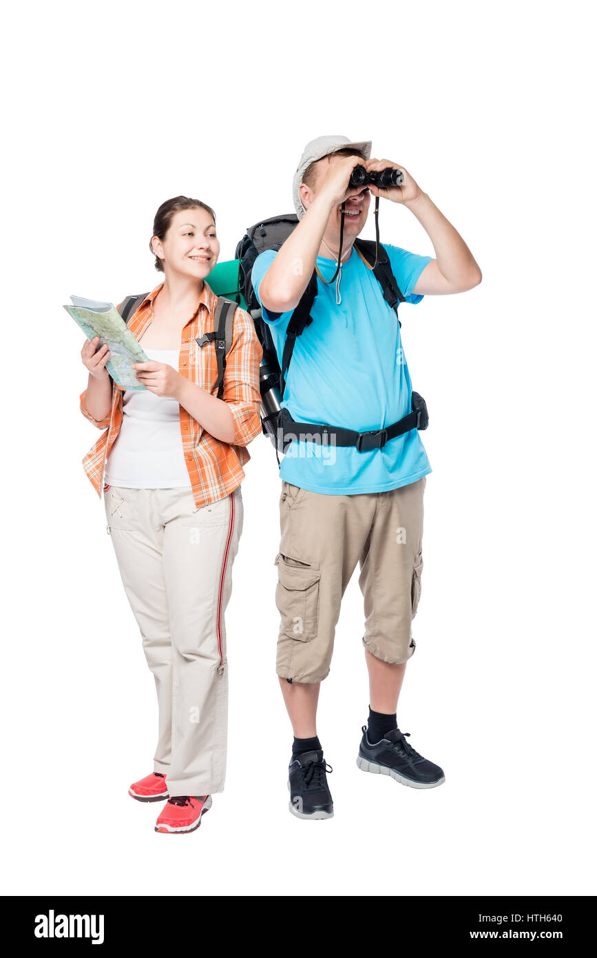 man looking through binoculars woman holding a map isolated active ...