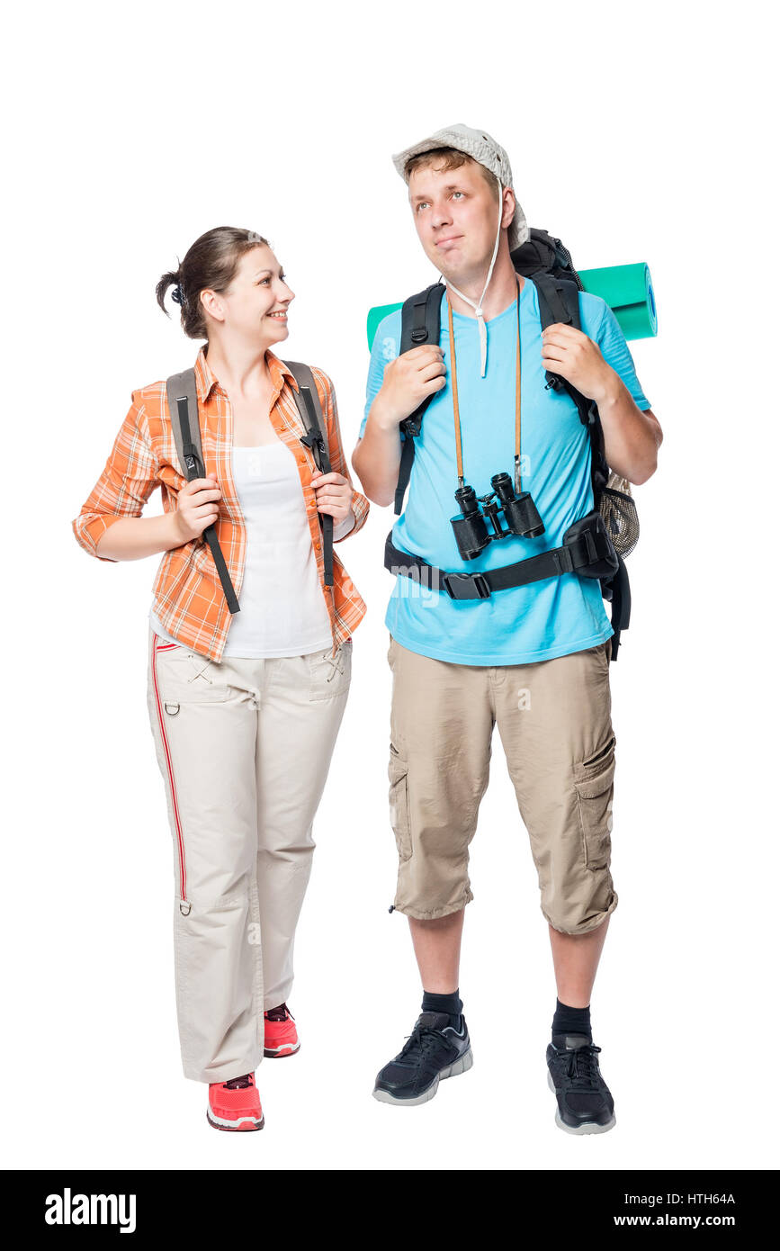 smiling travelers with backpacks on a white background Stock Photo - Alamy