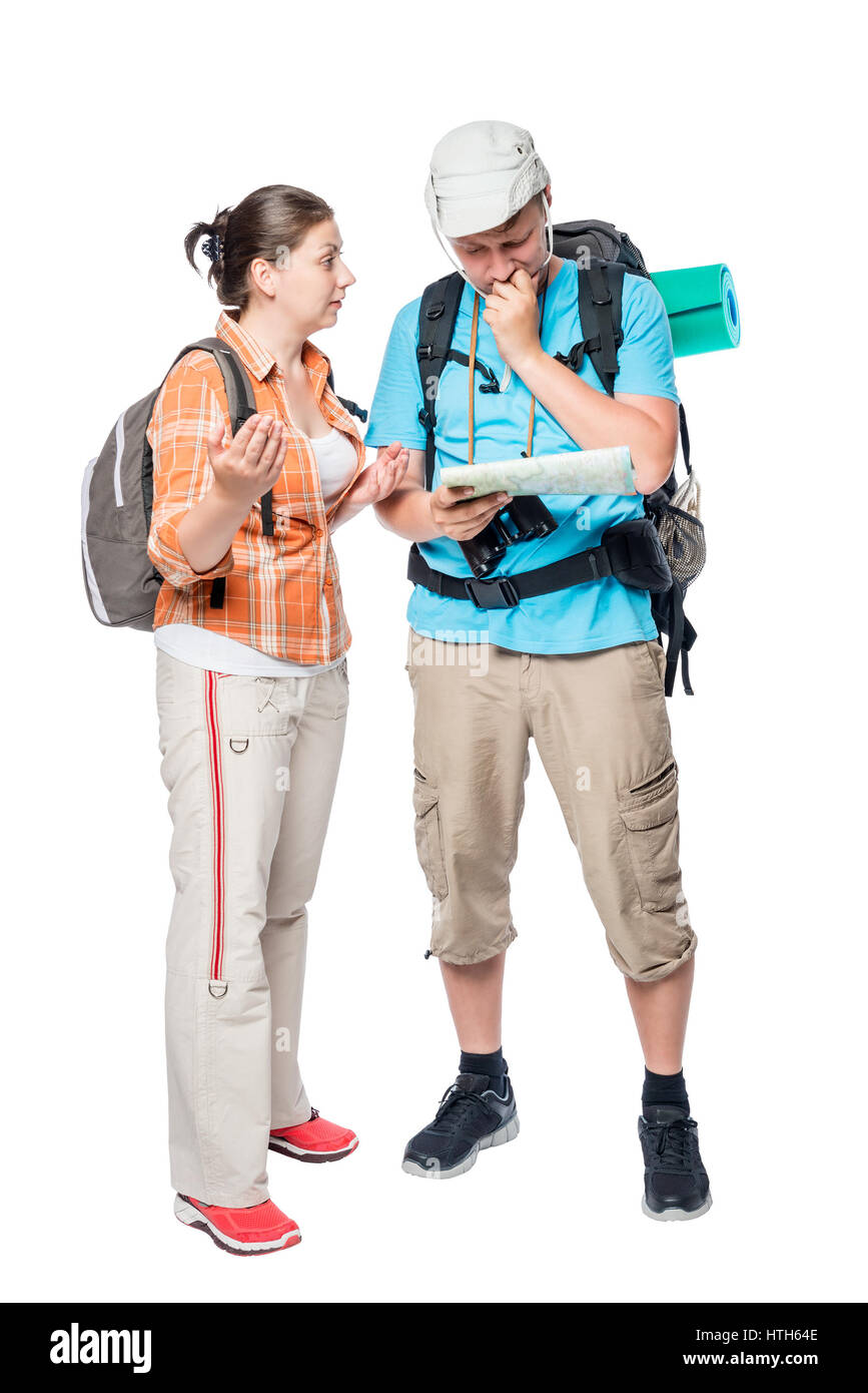 a couple of tourists on a white background arguing, isolated portrait ...