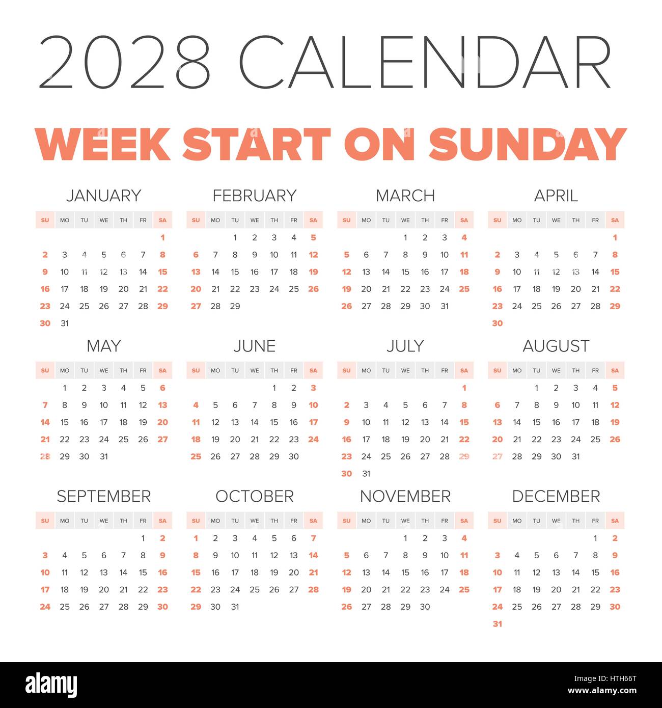 Simple 2028 year calendar, week starts on Monday Stock Vector Image ...