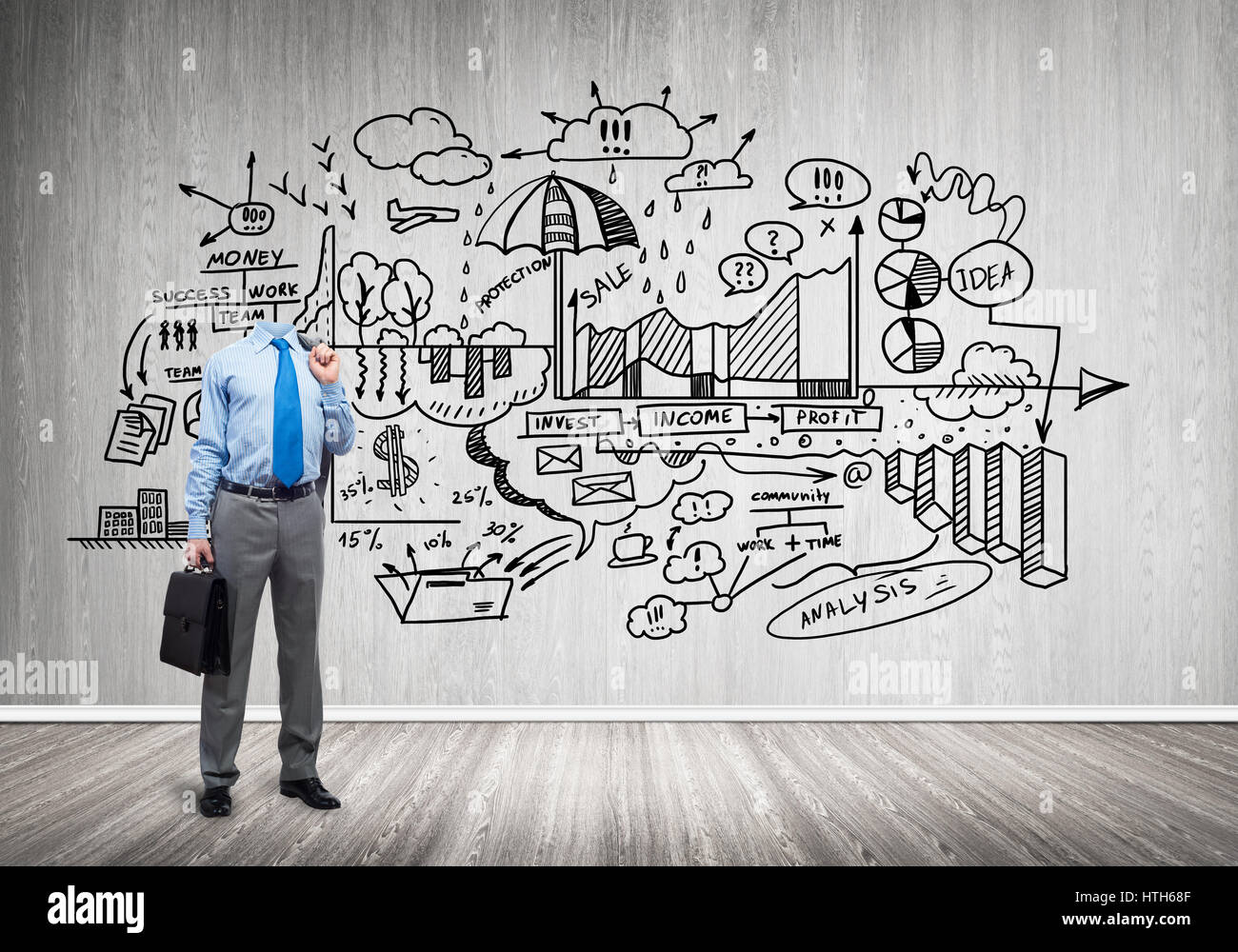 Headless engineer man with papers in hand against sketched background ...