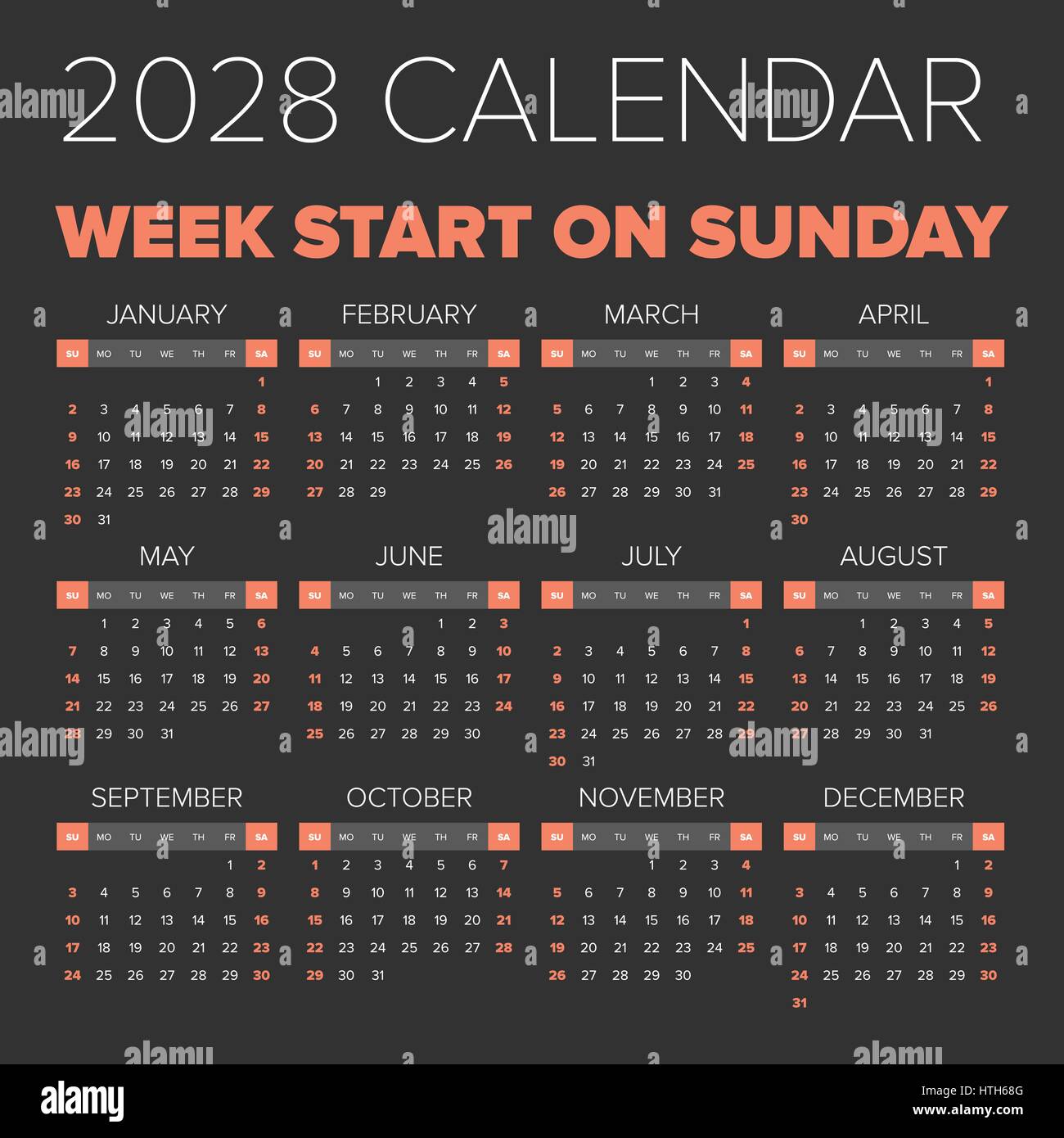 Simple 2028 year calendar, week starts on Sunday Stock Vector Image ...