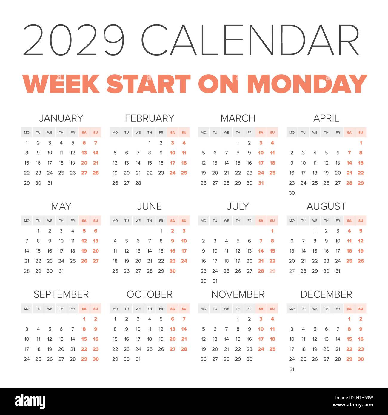 Simple 2029 year calendar, week starts on Monday Stock Vector Image ...
