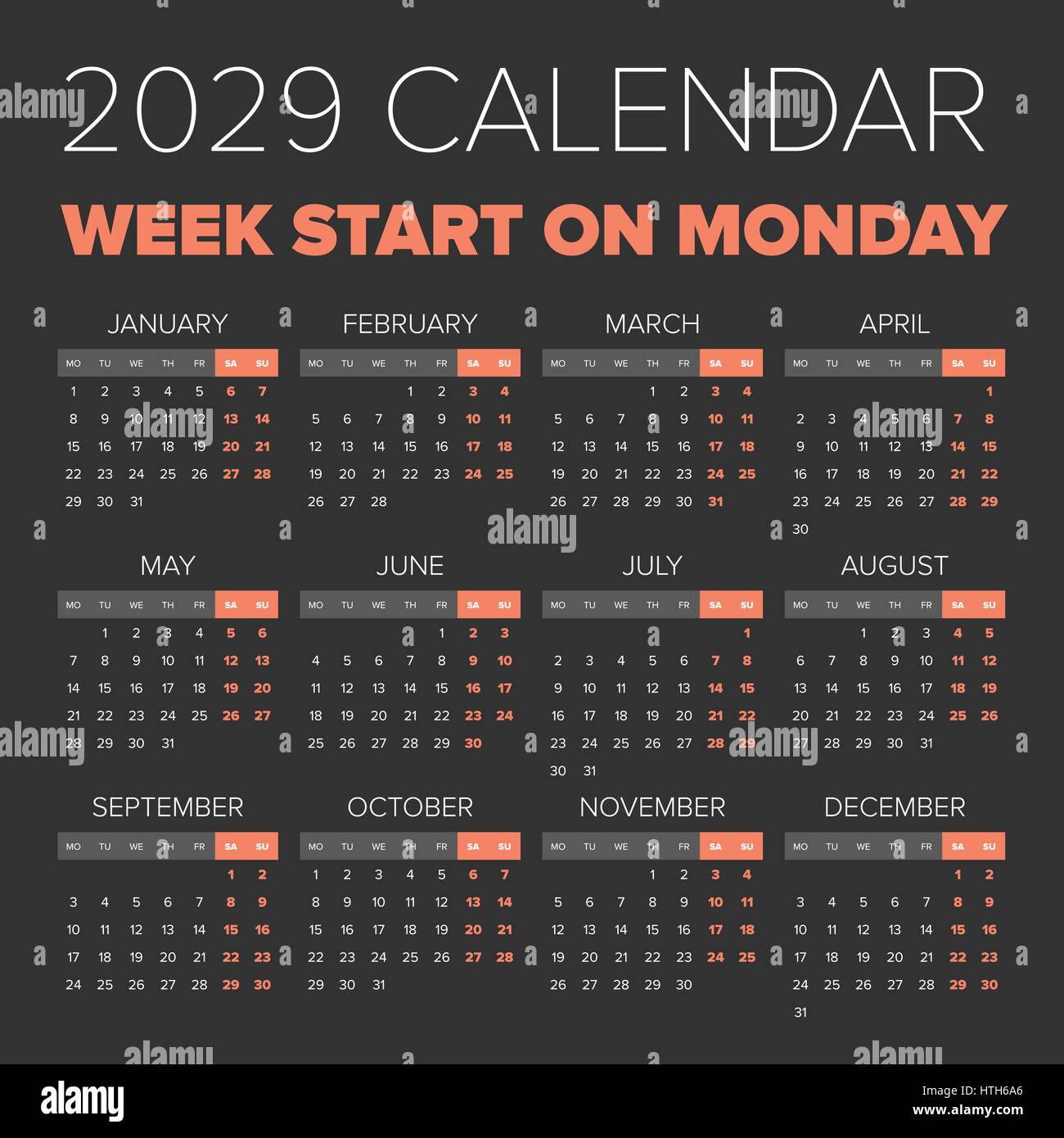 Simple 2029 year calendar, week starts on Monday Stock Vector Image ...