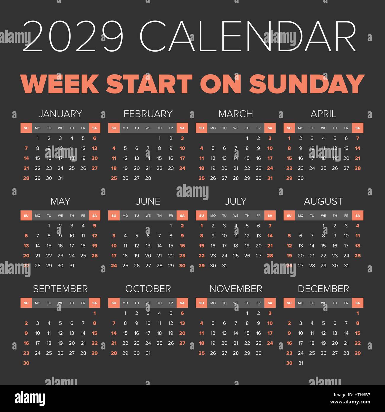 Simple 2029 year calendar, week starts on Sunday Stock Vector Image ...