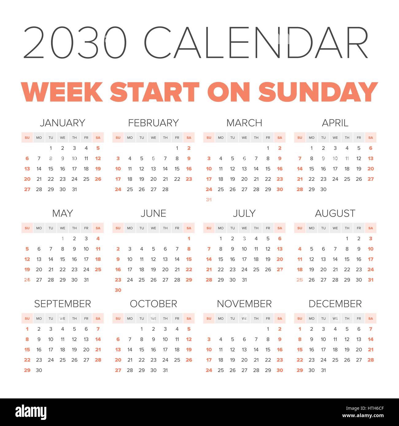Simple 2030 year calendar, week starts on Monday Stock Vector Image ...