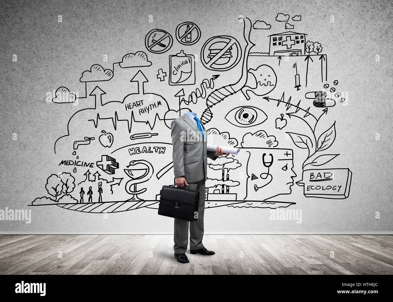 Headless engineer man with papers in hand against sketched background ...