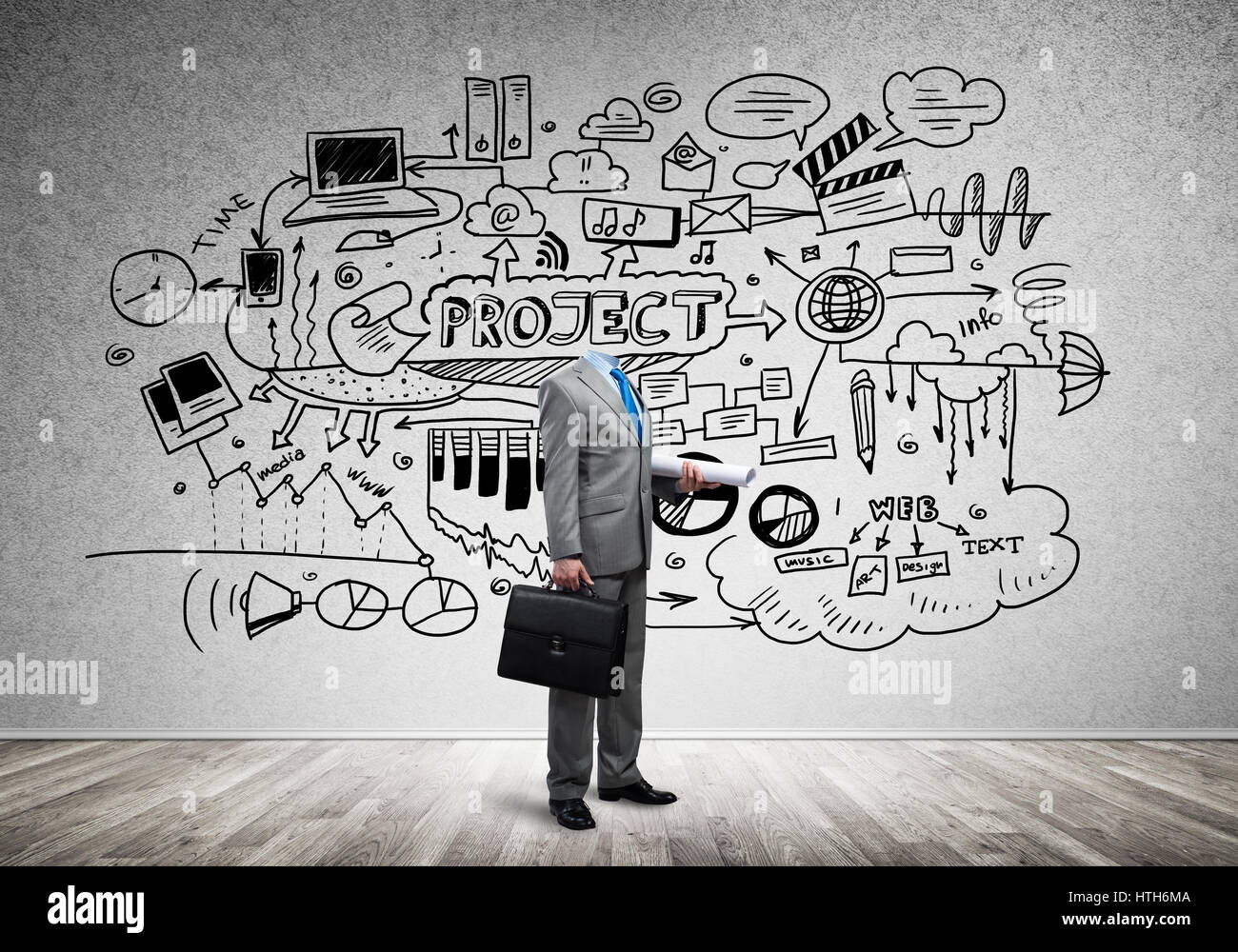 Headless engineer man with papers in hand against sketched background ...