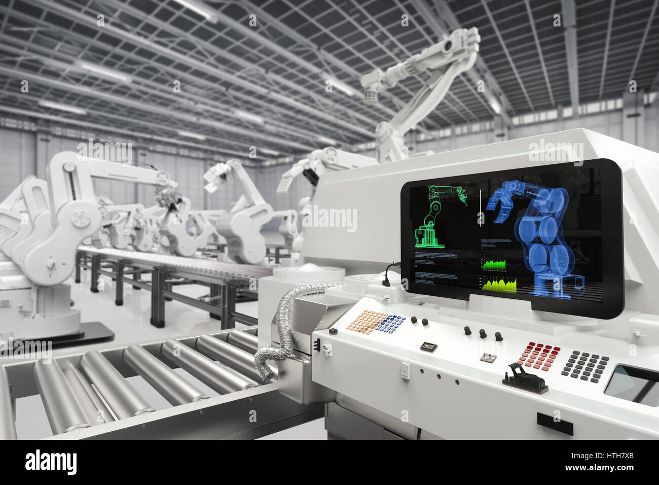 automation industry with 3d rendering monitor screen with robotic arms ...