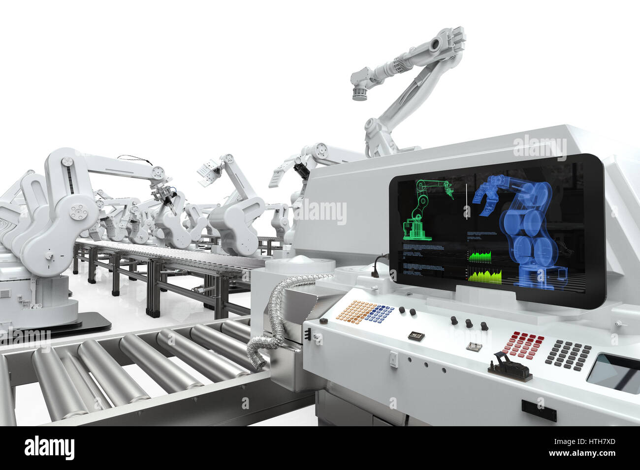 automation industry with 3d rendering monitor screen with robotic arms ...