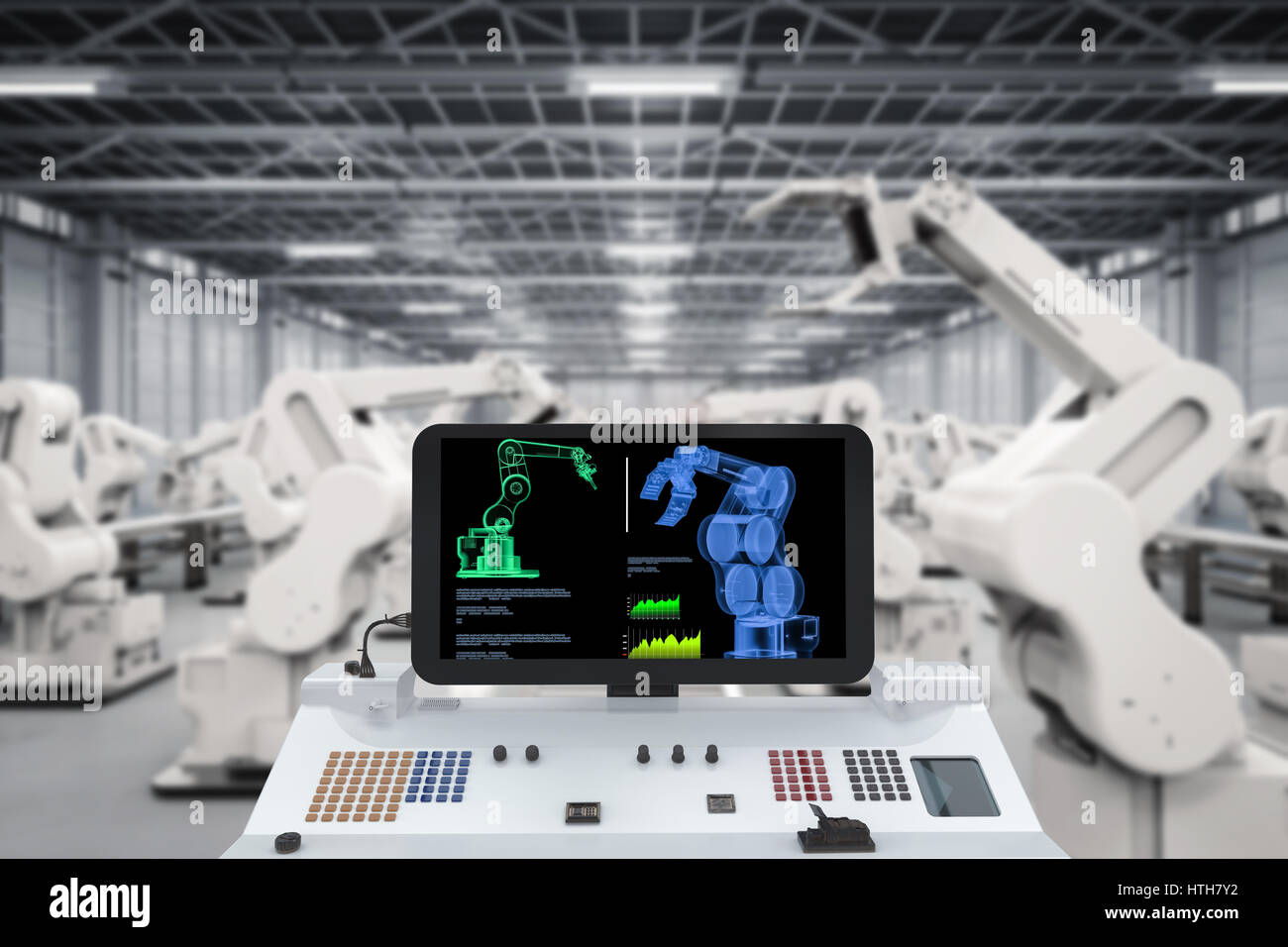 automation industry with 3d rendering monitor screen with robotic arms ...