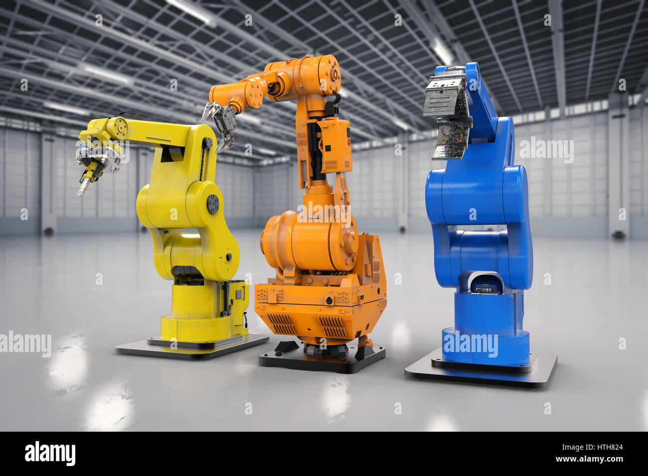 3d rendering three robotic arms in a row Stock Photo - Alamy