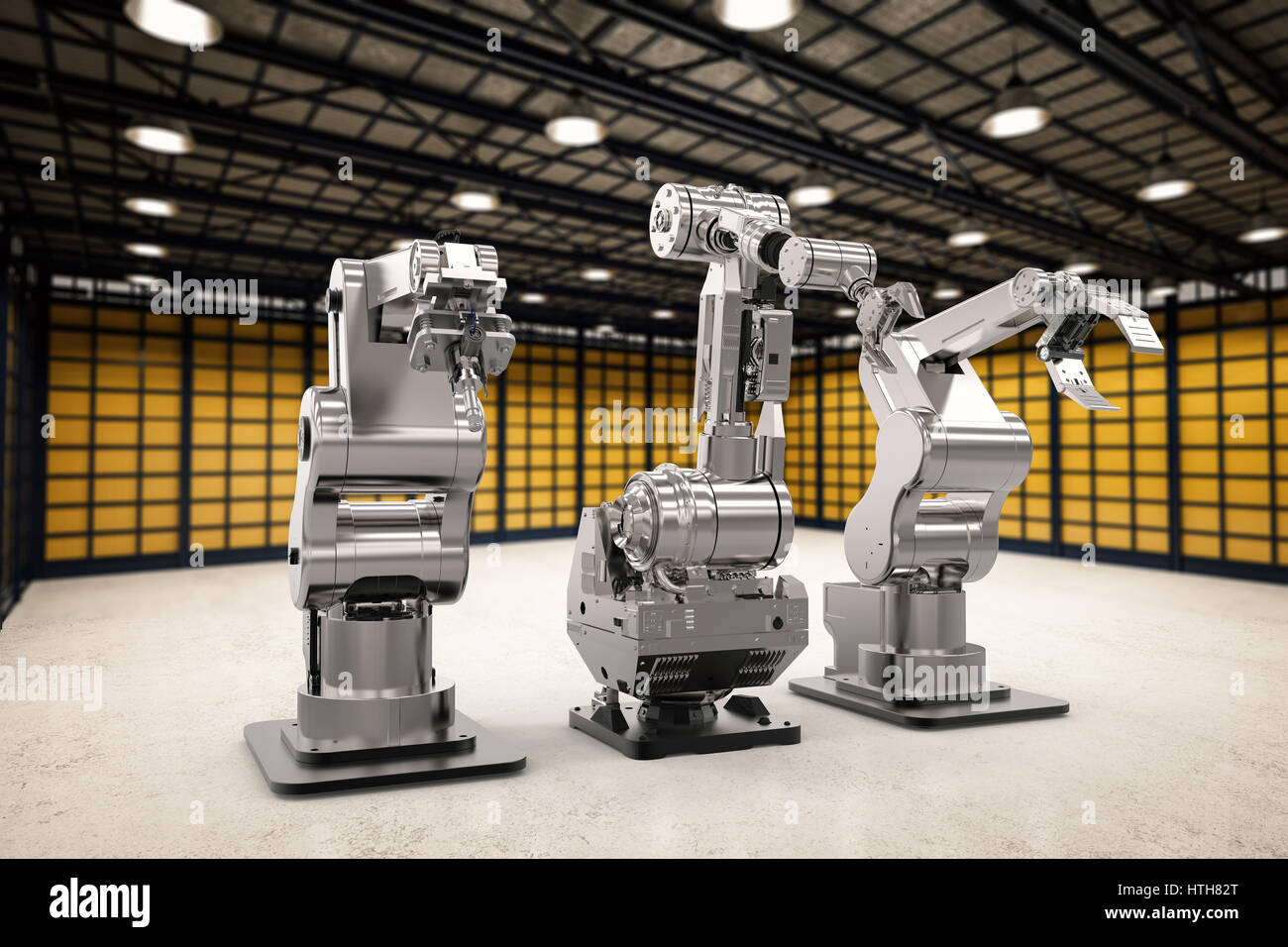 3d rendering three robotic arms in a row Stock Photo - Alamy