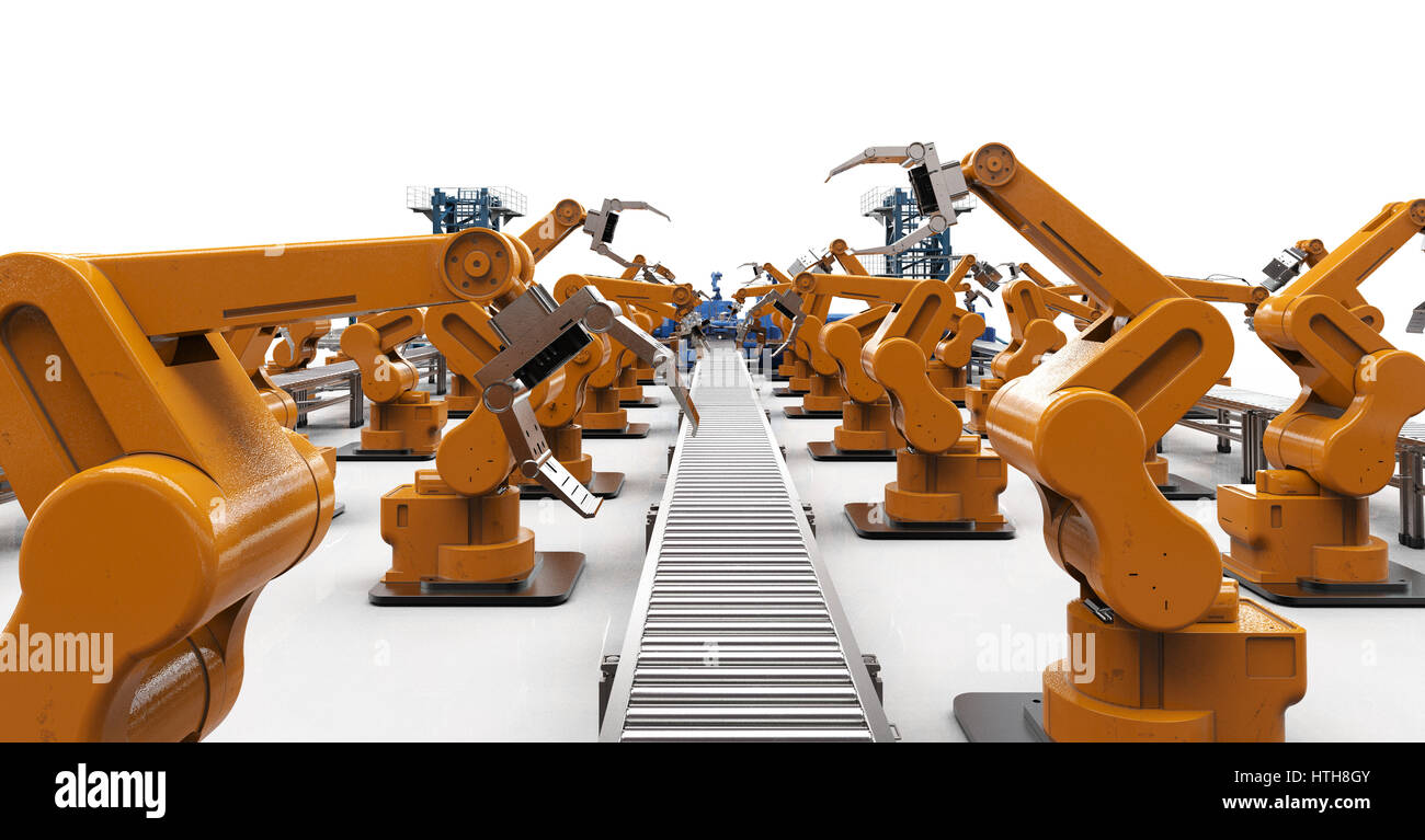 automation industry concept with 3d rendering robotic arms with ...