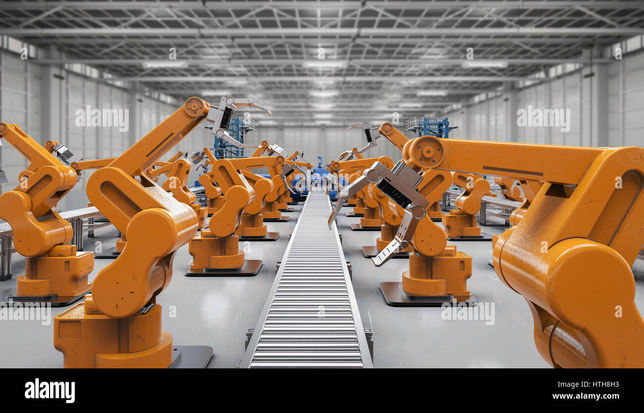 automation industry concept with 3d rendering robotic arms with ...
