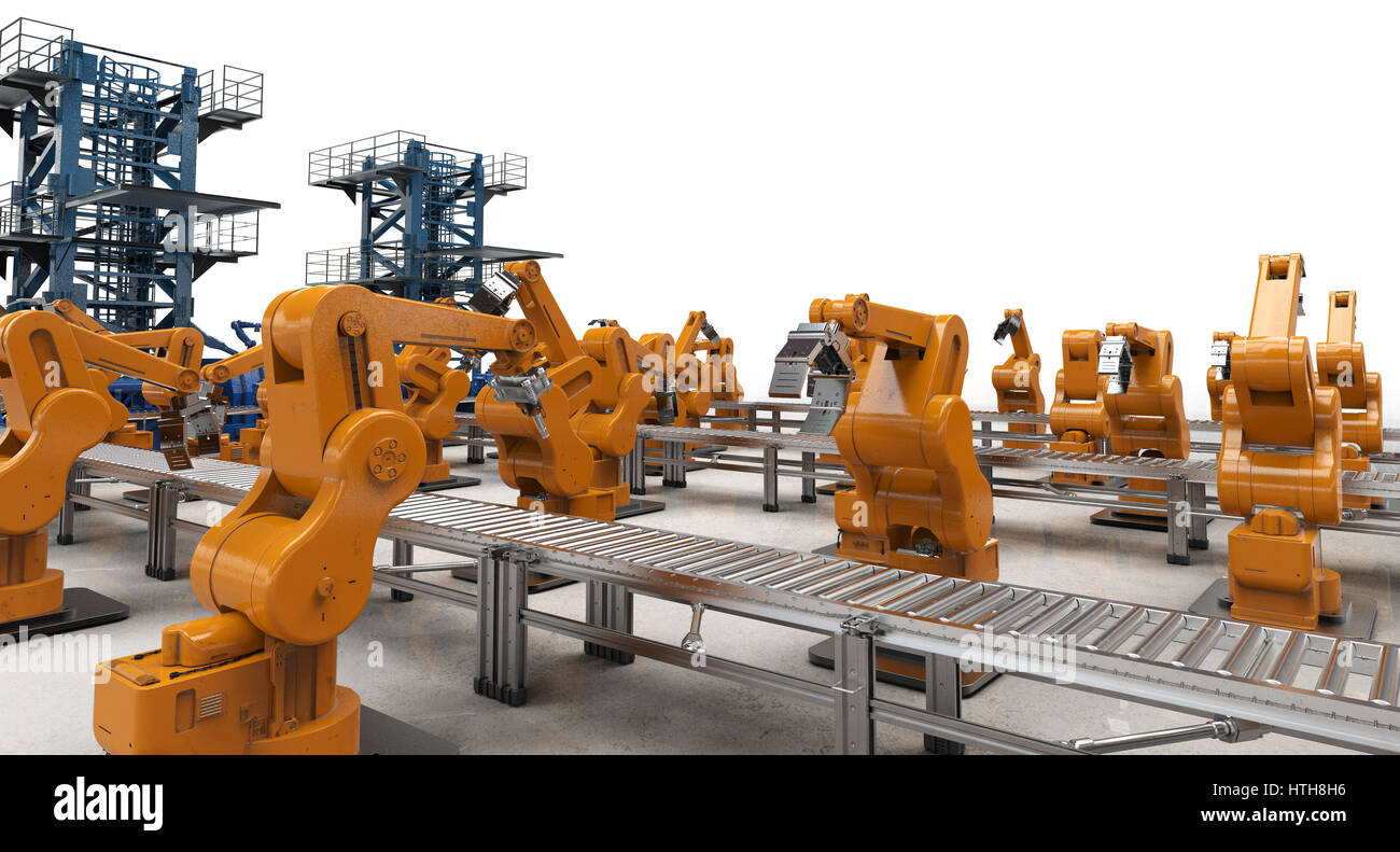 automation industry concept with 3d rendering robotic arms with ...