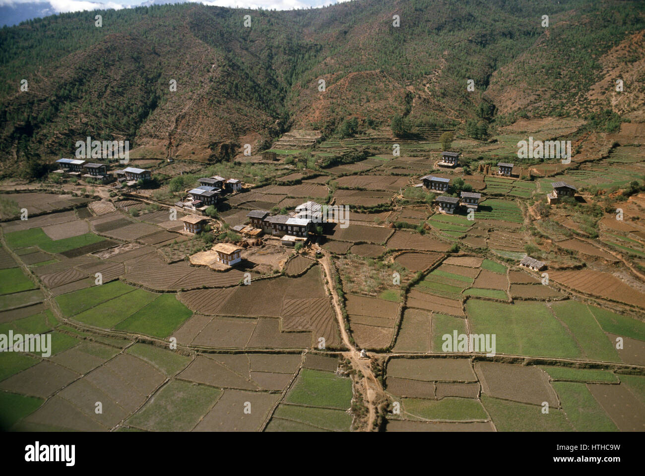 aerial view of Paro Valley and Bhutanese houses, Bhutan, Himalayas ...