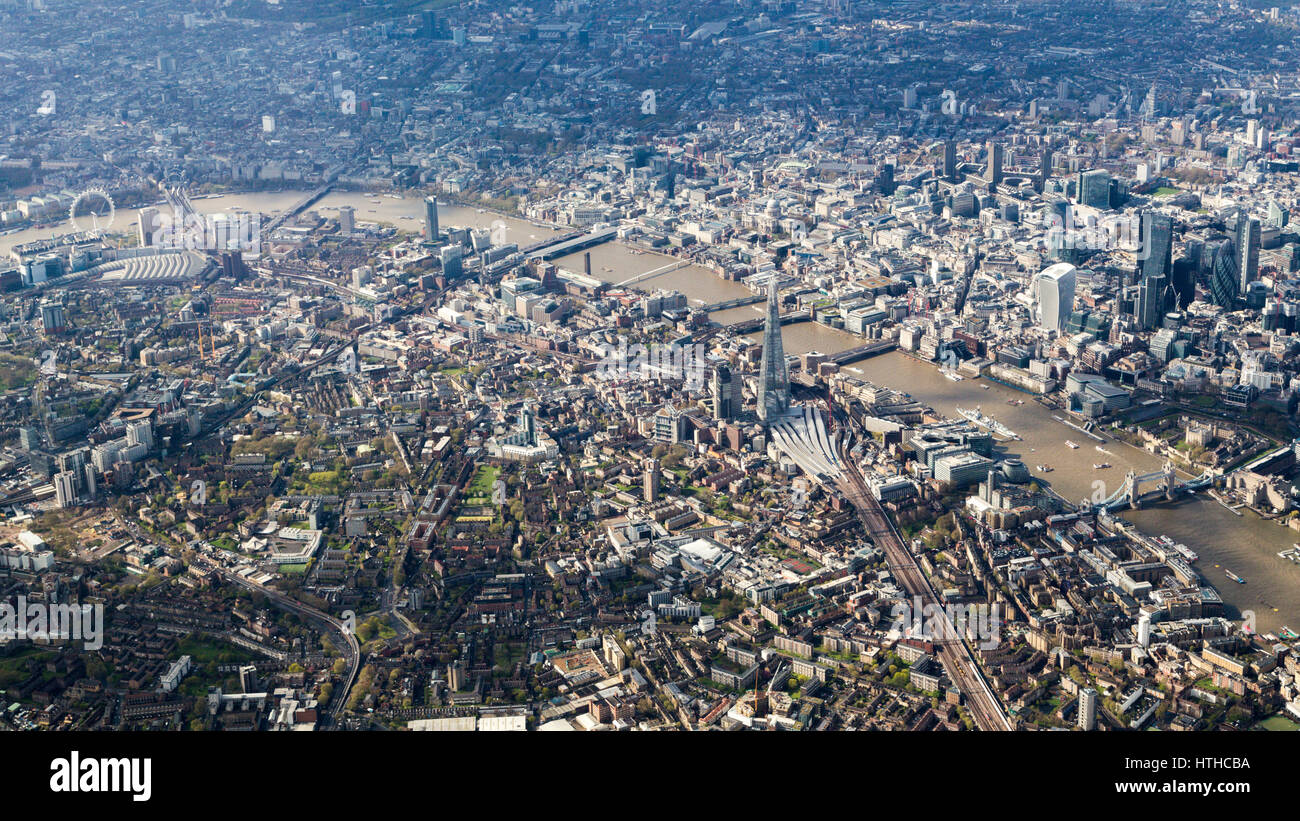 Aerial view of London from the East along the Thames from Tower Bridge ...