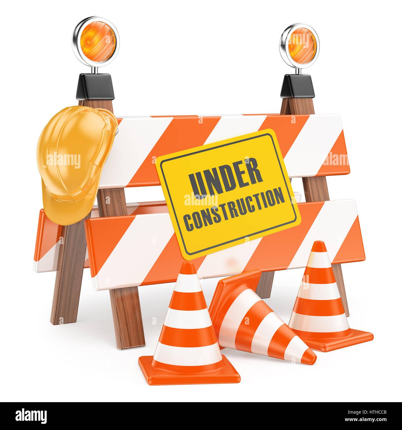 3d illustration. 3D Under construction fence with a hard hat and cones ...