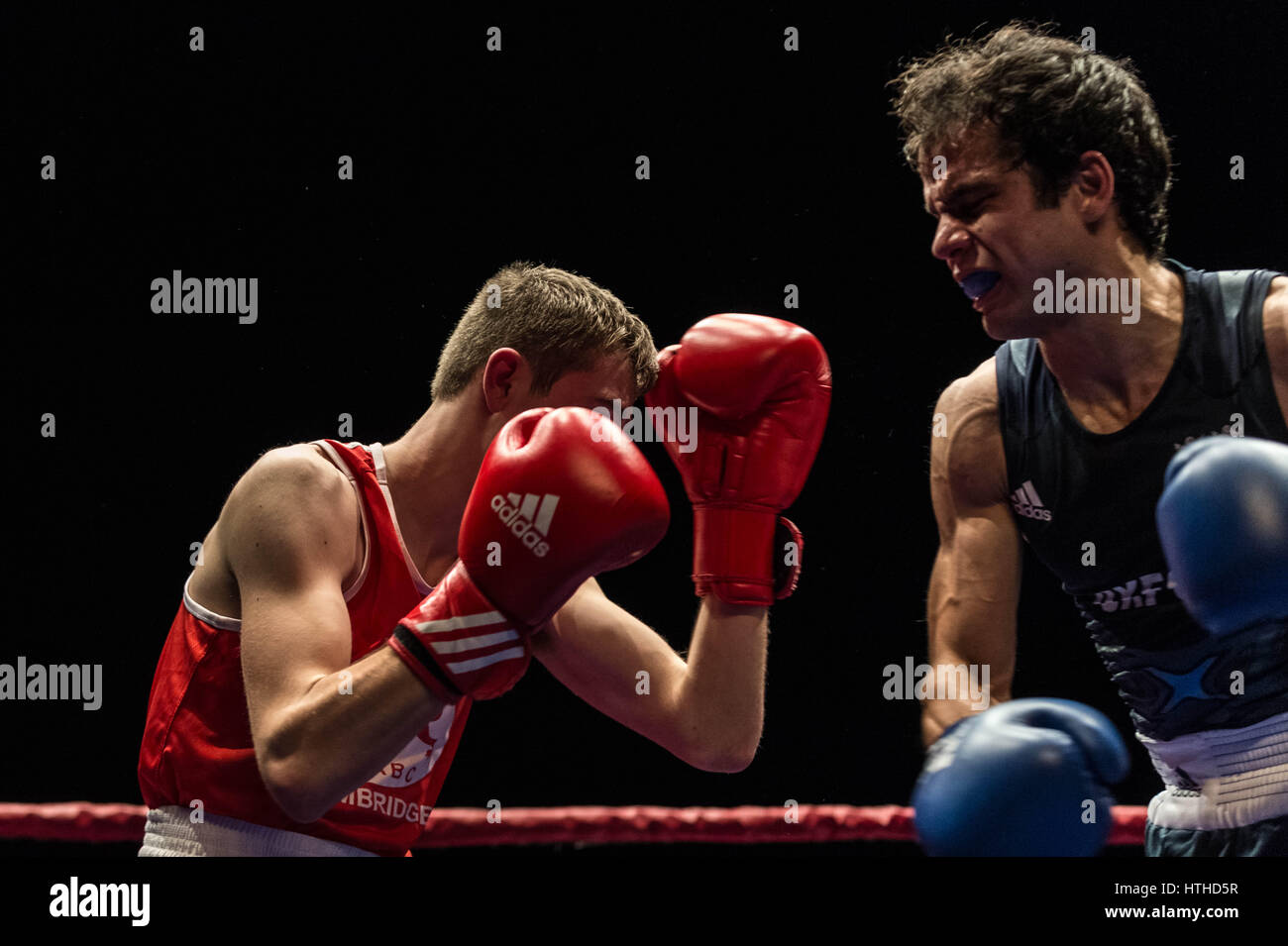 Cambridge, UK. 10th March, 2017. Pierre Weller (Red, Cambs) v Shamoon ...