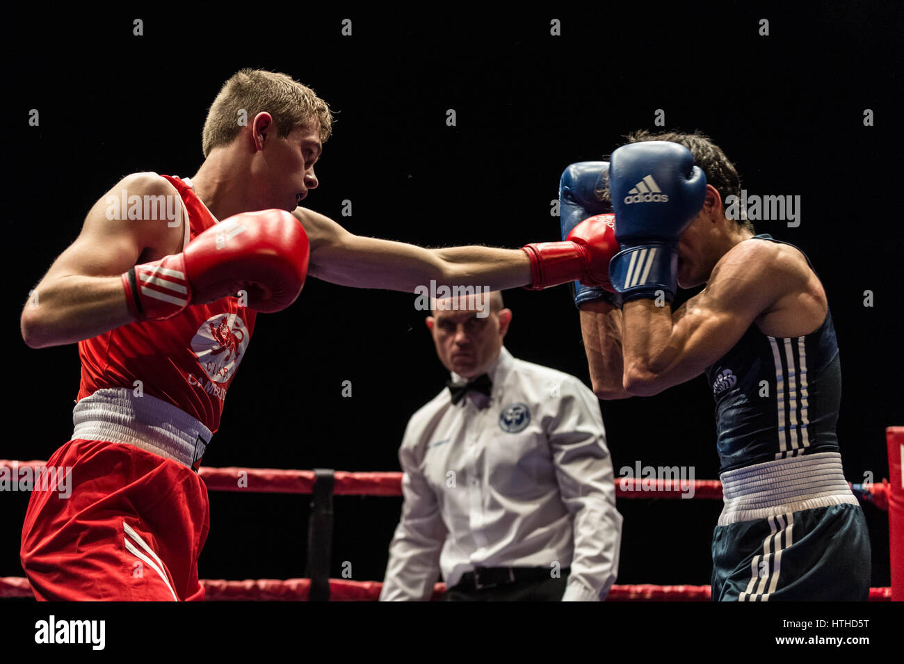 Cambridge, UK. 10th March, 2017. Pierre Weller (Red, Cambs) v Shamoon ...
