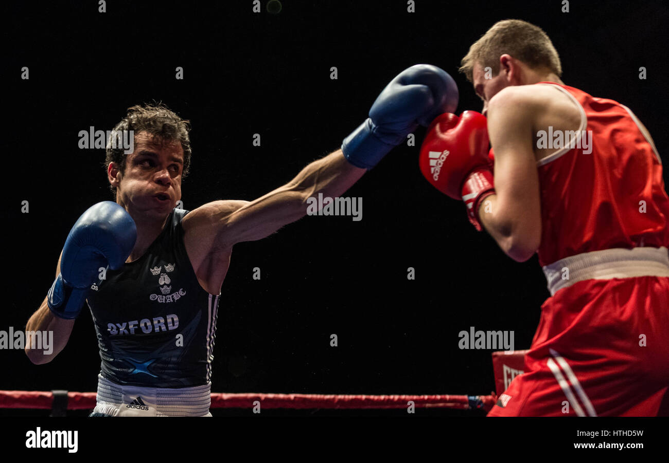 Cambridge, UK. 10th March, 2017. Pierre Weller (Red, Cambs) v Shamoon ...