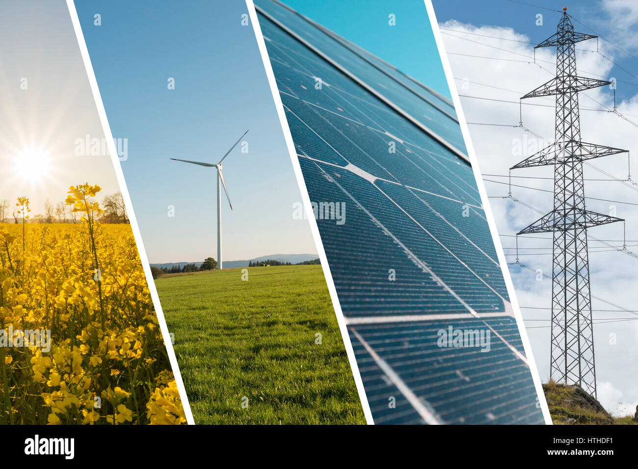 Renewable and ecology energy collage with rapeseed field, solar cell ...