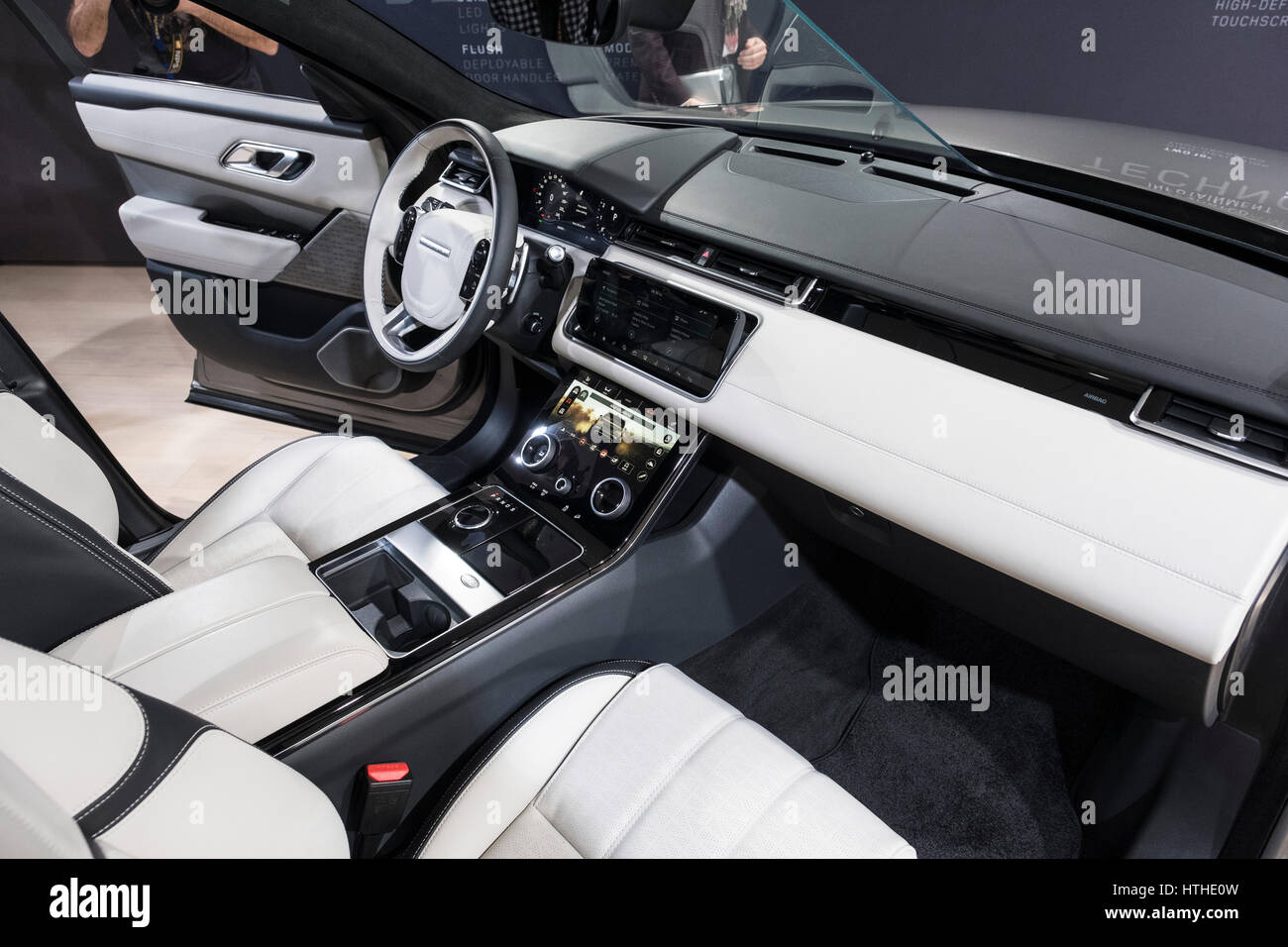 Interior view of new Land Rover Velar at 87th Geneva International ...