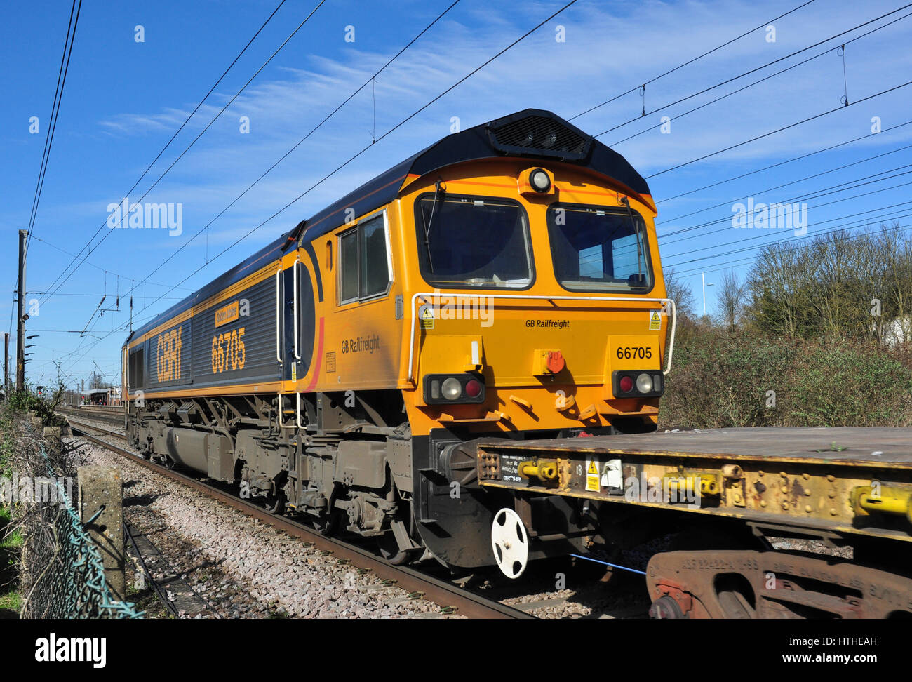 GB Railfreight Class 66 diesel locomotive heads a freight northwards ...