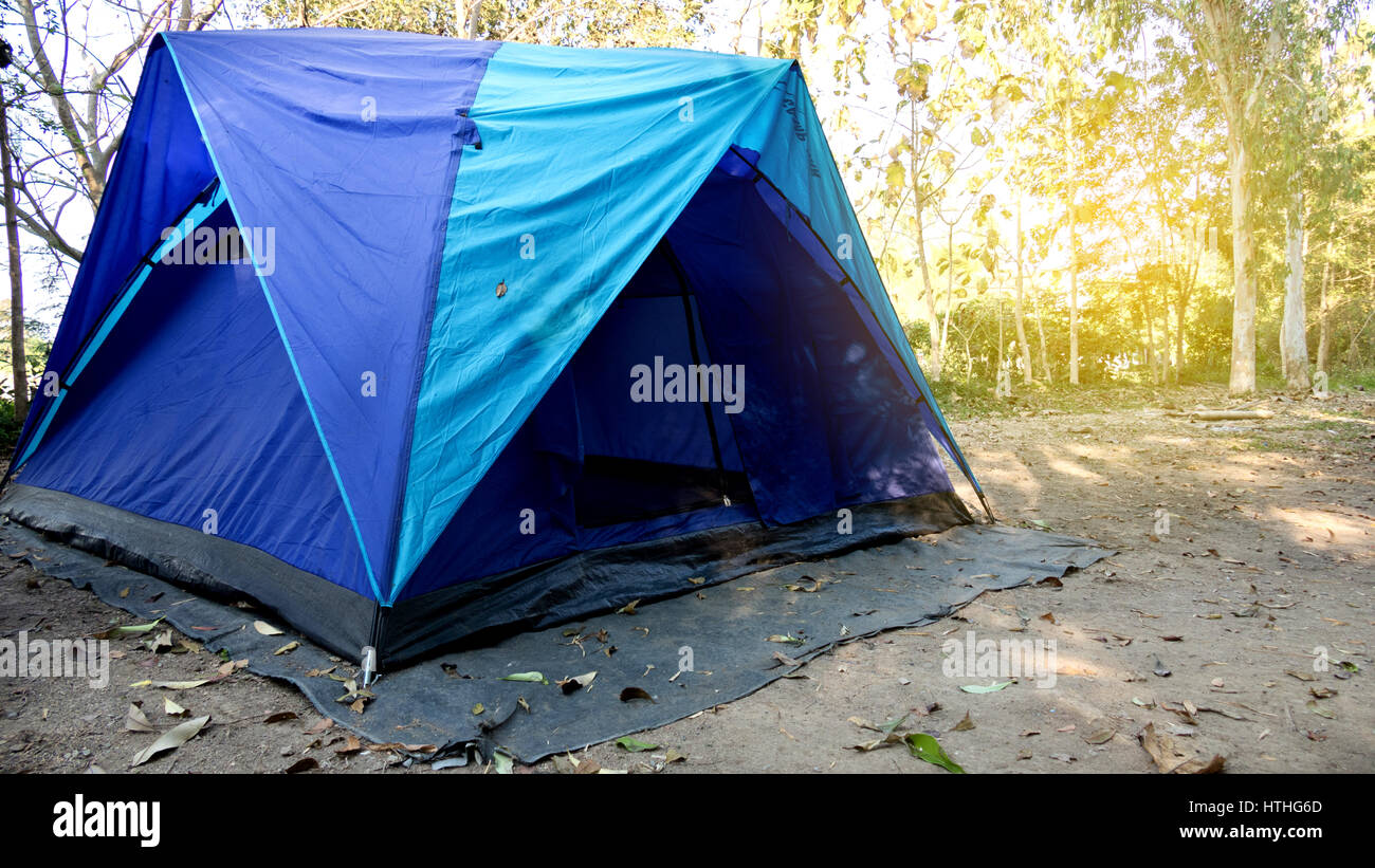 blue tent camping in forest, outdoor travel concept Stock Photo - Alamy