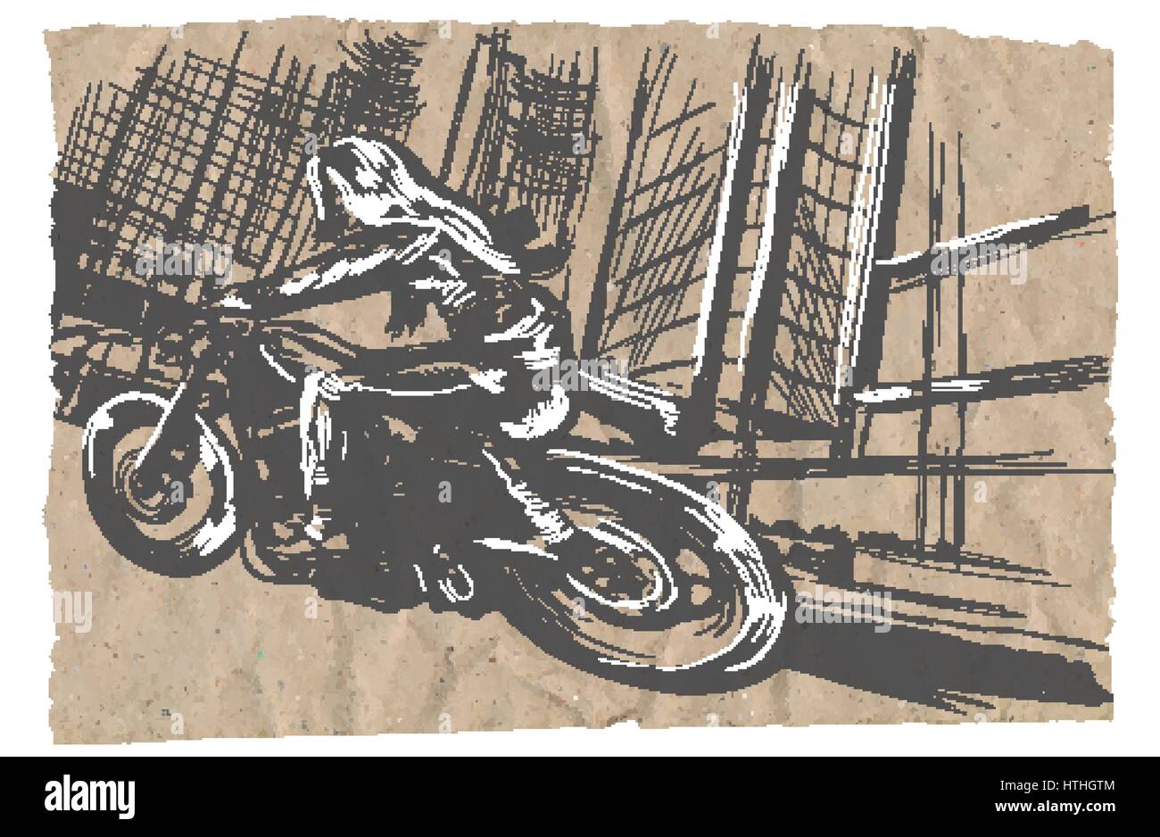 An young woman with long hair riding motorcycle, fast bike in a modern ...