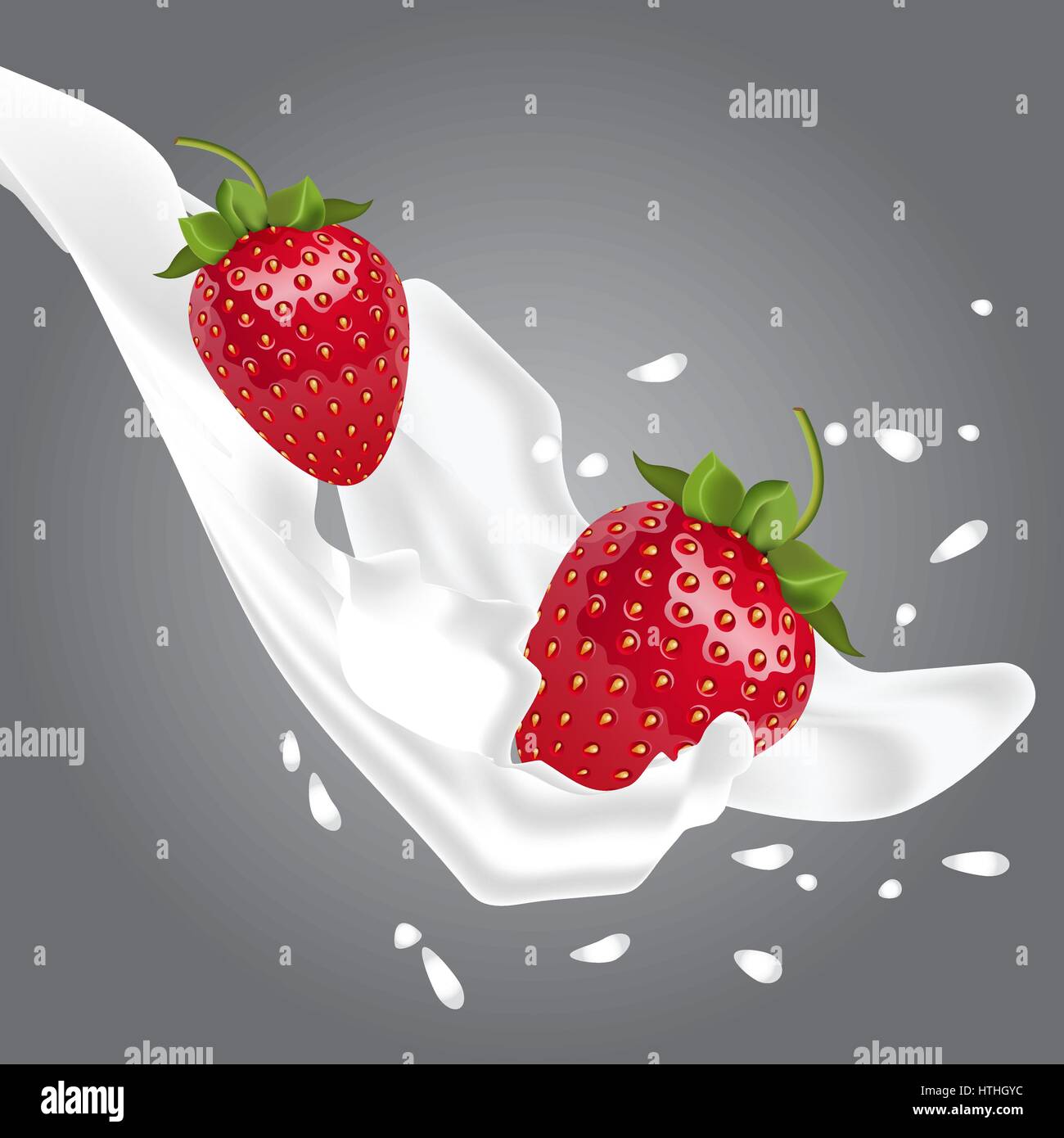 Vector realistic strawberries falling down in the splash of white milk ...